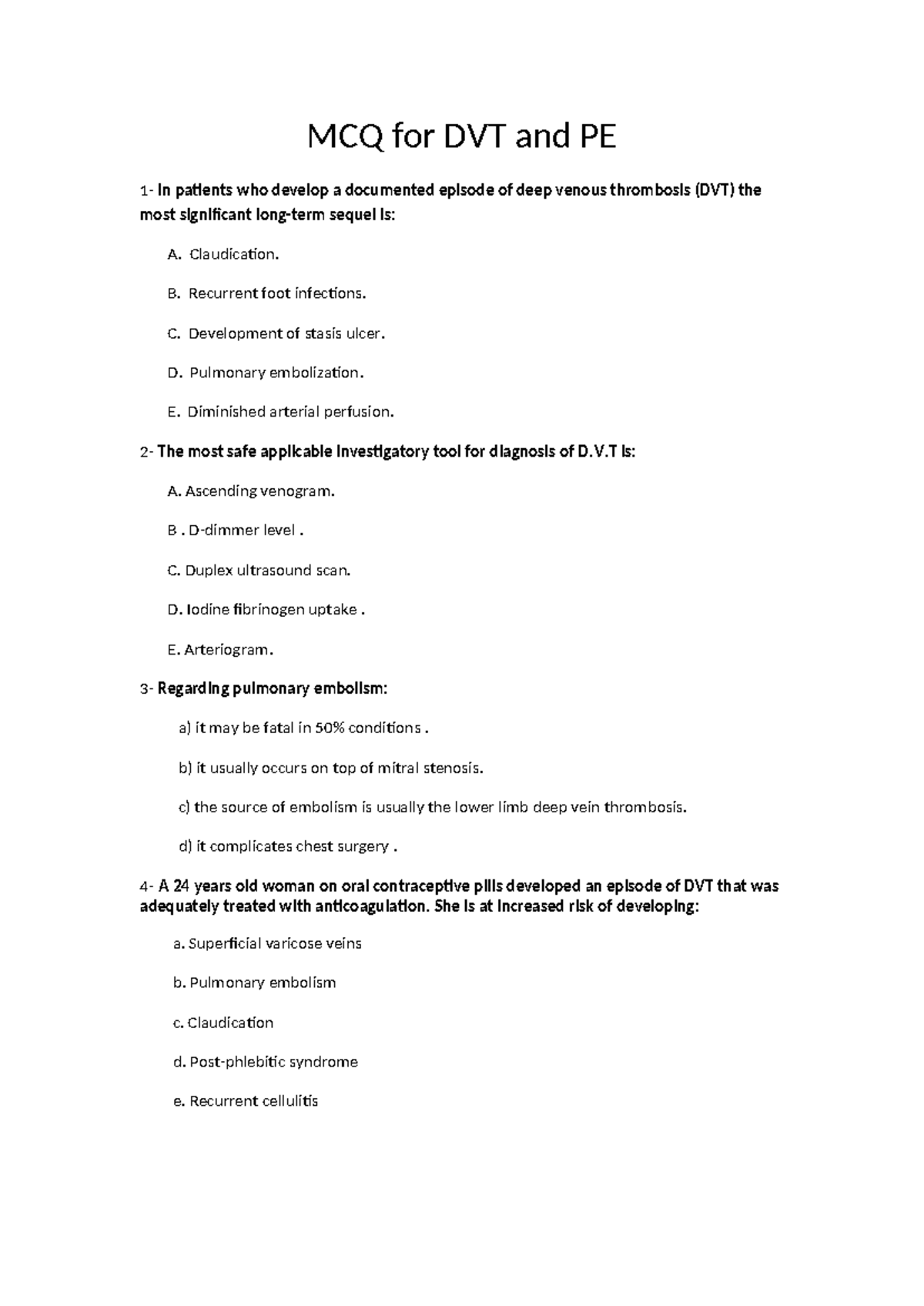 MCQ on DVT and PE for 6th Year Medical Students - Studocu