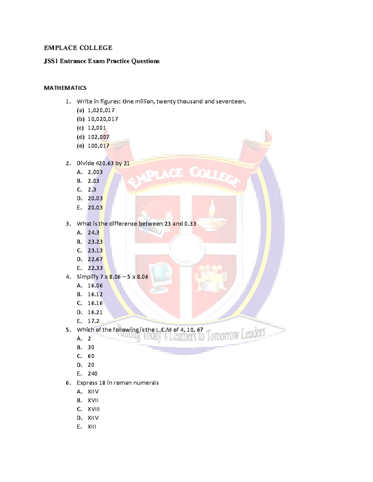 JSS1 Mathematic Entrance Exam Practice Questions - Studocu