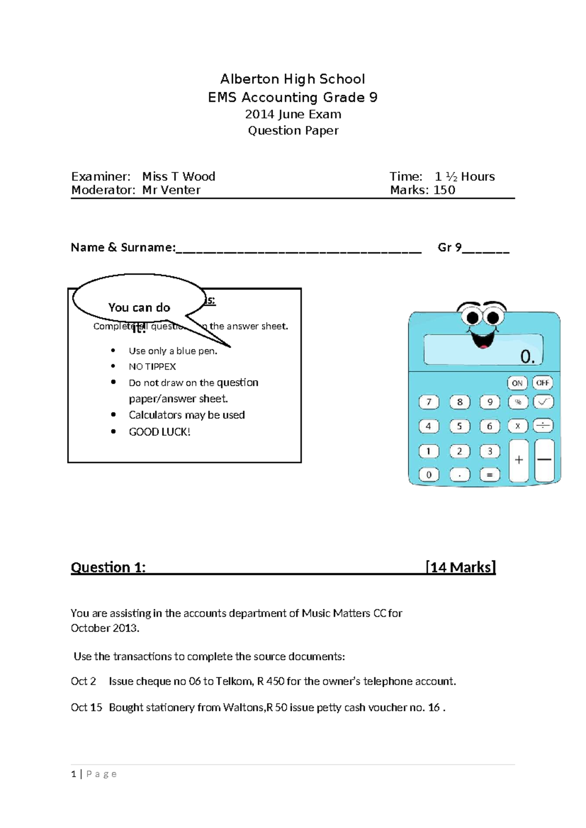 Grade 9 Accounting June Exam 2014 - Question Paper - Studocu