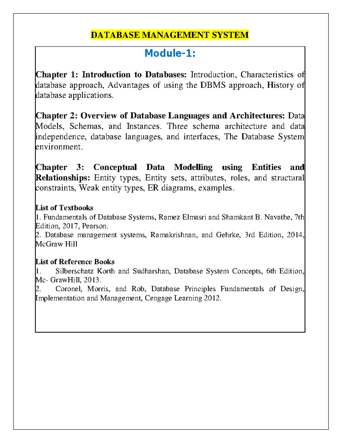 VTU 5TH SEM DBMS M1 - Comprehensive Module 1 Notes - Studocu