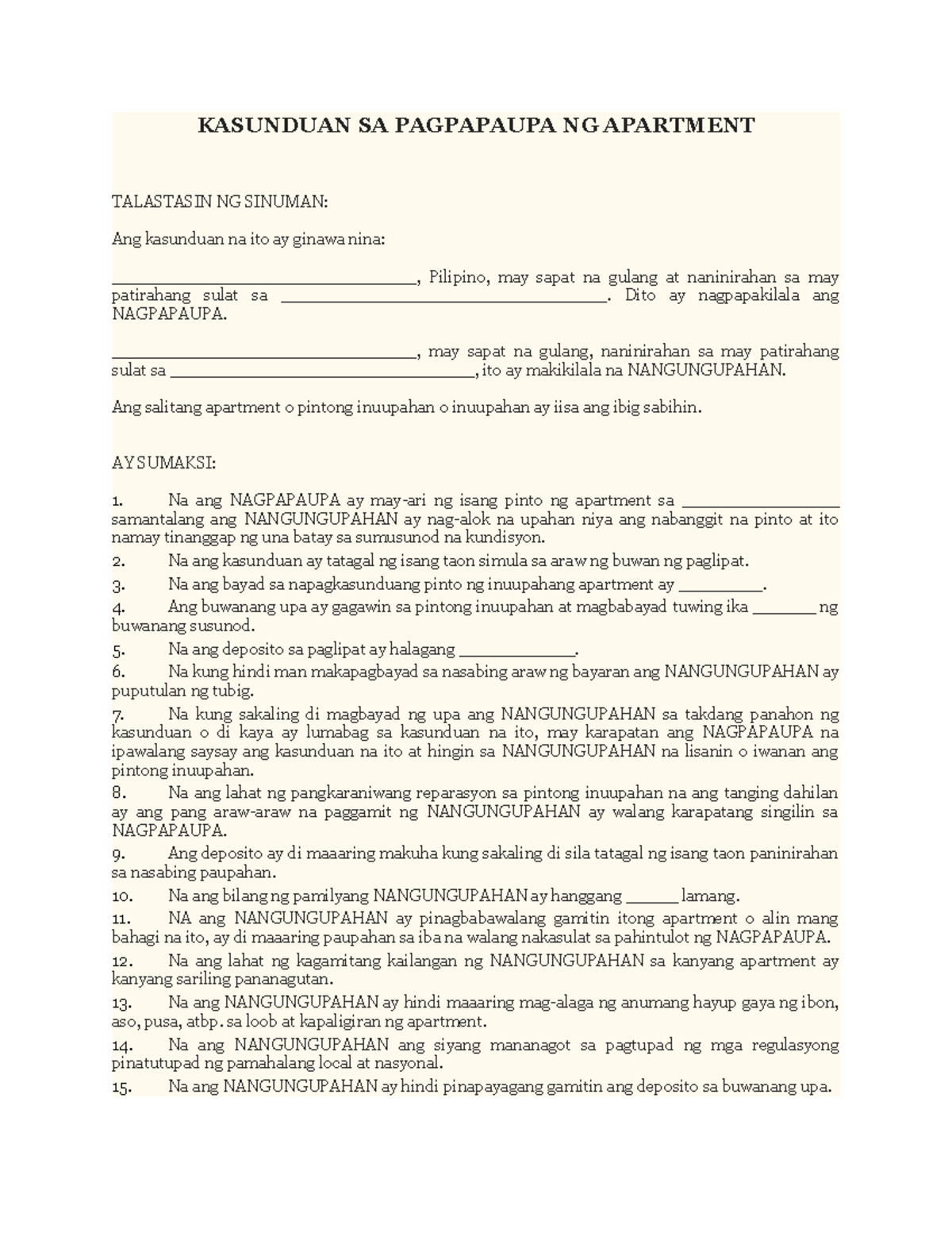 Kasunduan sa Pagpapaupa ng Apartment: Mga Tuntunin at Kundisyon - Studocu