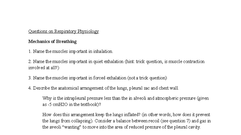 Respiratory Physiology Questions: Mechanics of Breathing & Gas Exchange ...