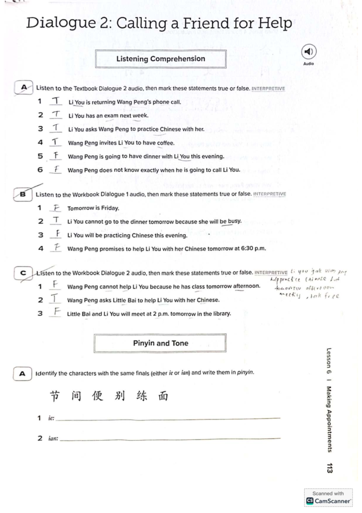 Integrated Chinese 1: Workbook 1 - Dialogue 2 Listening Comprehension ...