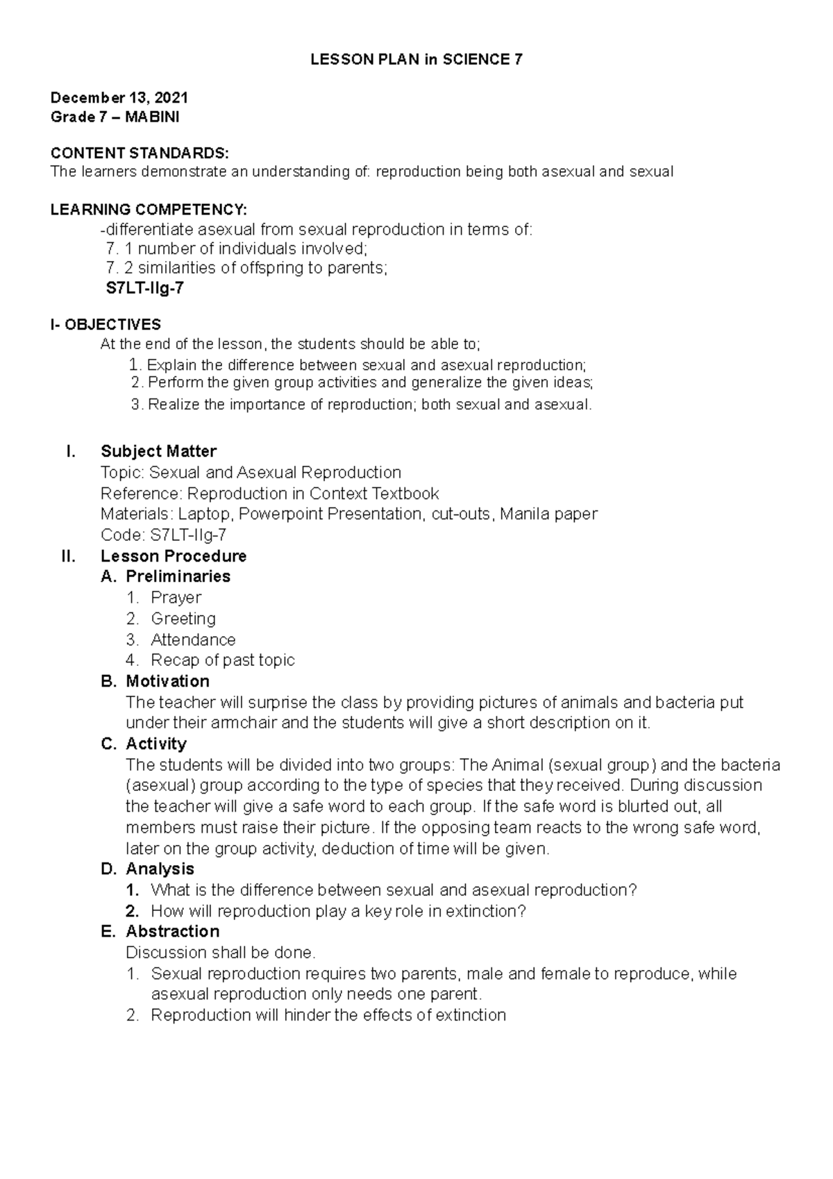 LP - Sexual and Asexual Reproduction - Grade 7 Lesson Plan - Studocu
