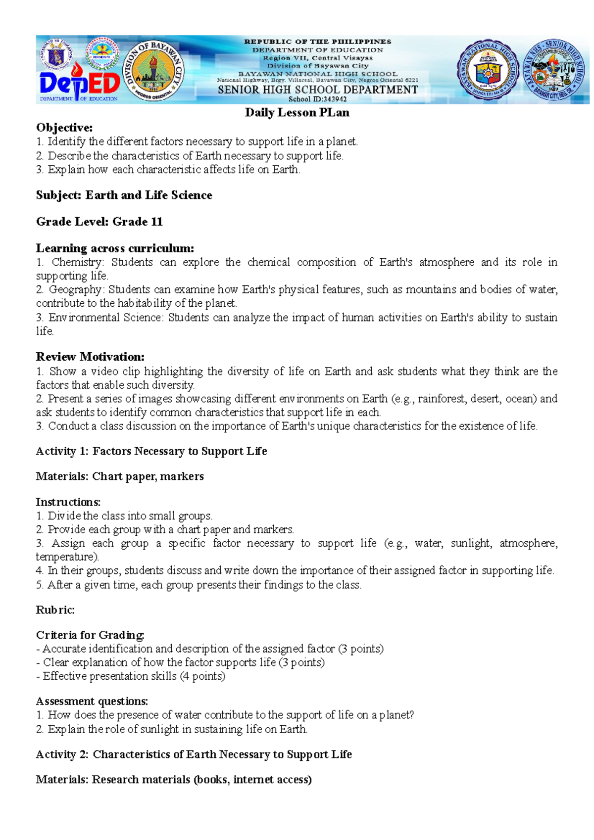 Els Q1 L1 - Earth and life scince - Daily Lesson PLan Objective ...