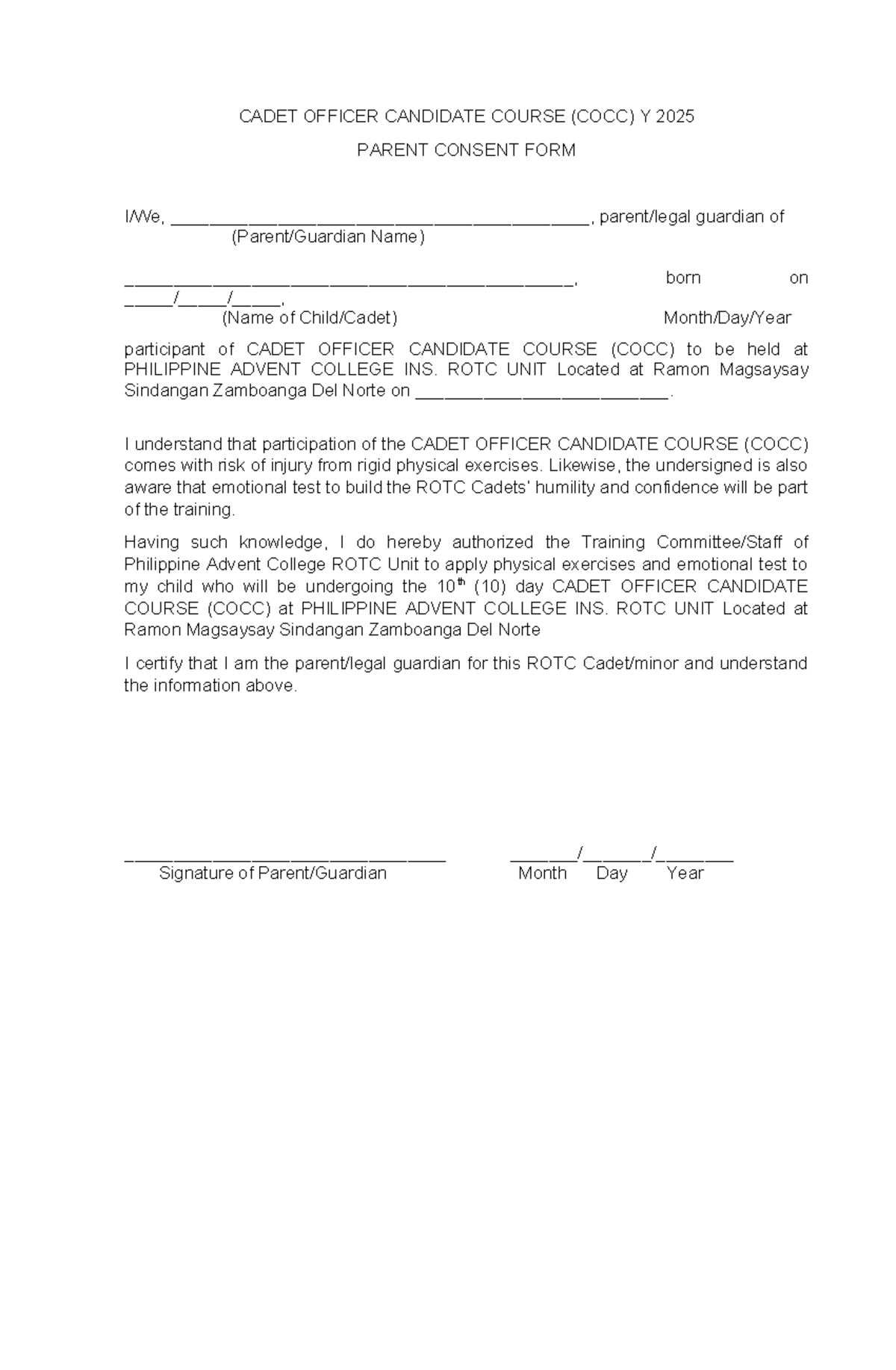 COCC Parent Consent Form for 2025 Cadet Officer Course - Studocu