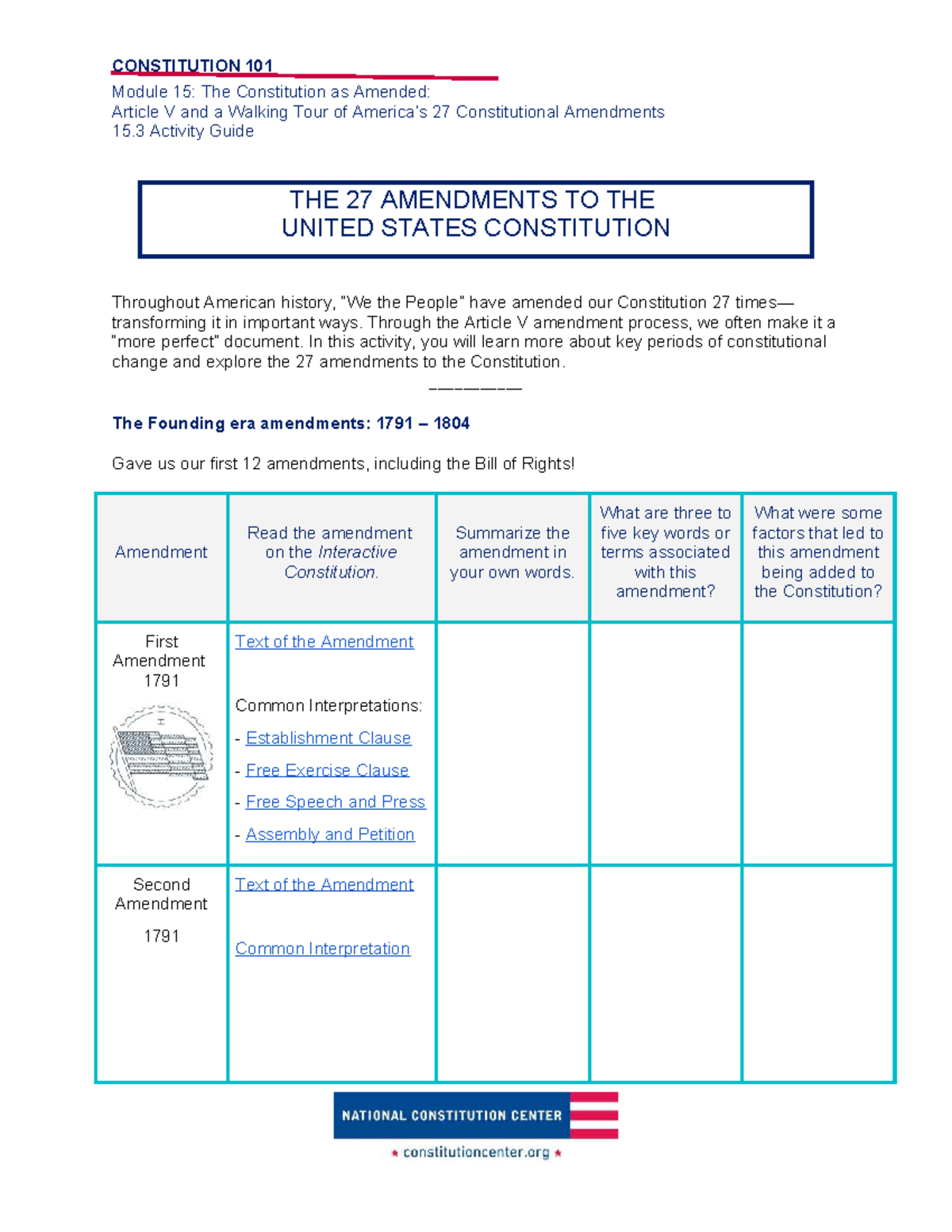 CONSTITUTION 101 Module 15: Activity Guide on 27 Amendments - Studocu