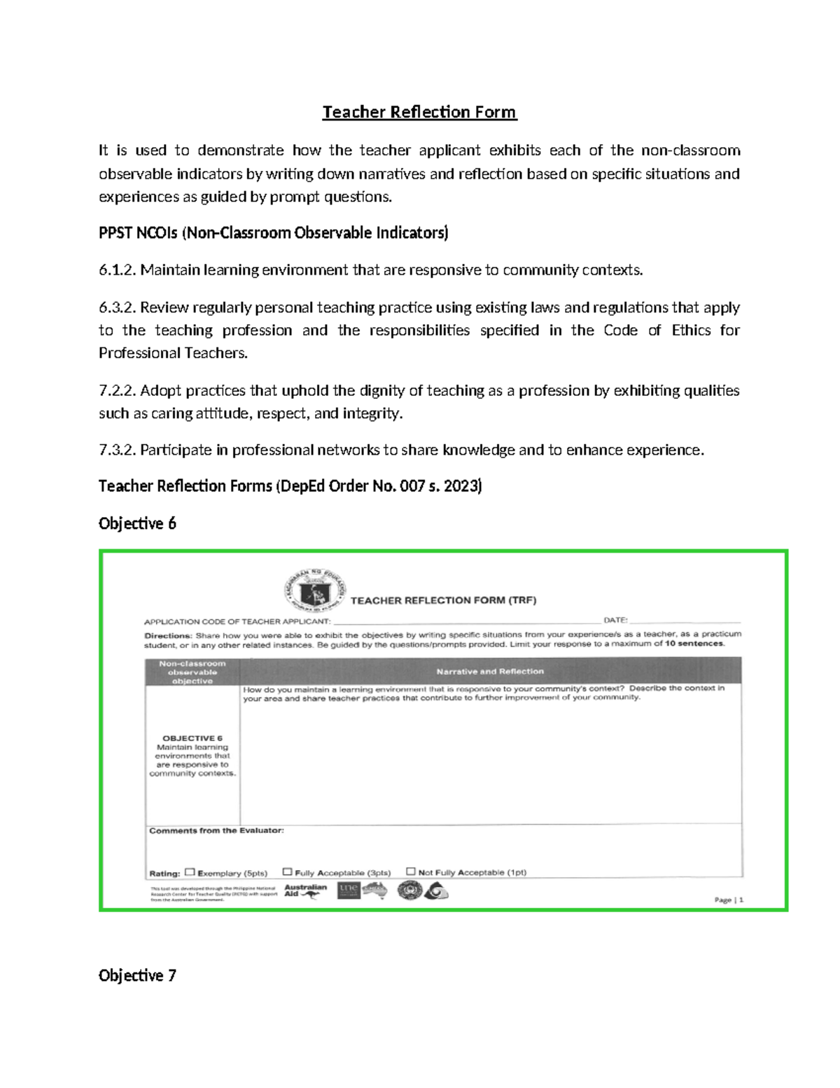 Teacher Reflection Form for PPST NCOIs and Professional Ethics - Studocu