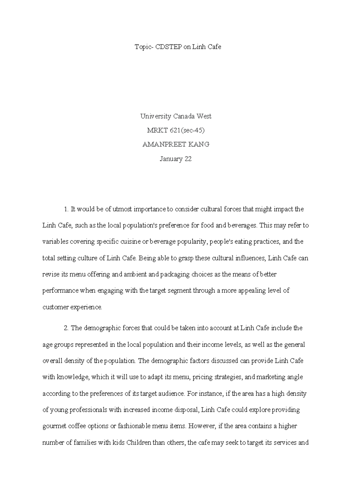 CDSTEP Analysis of Linh Cafe - MRKT 621 Final Project Report - Studocu