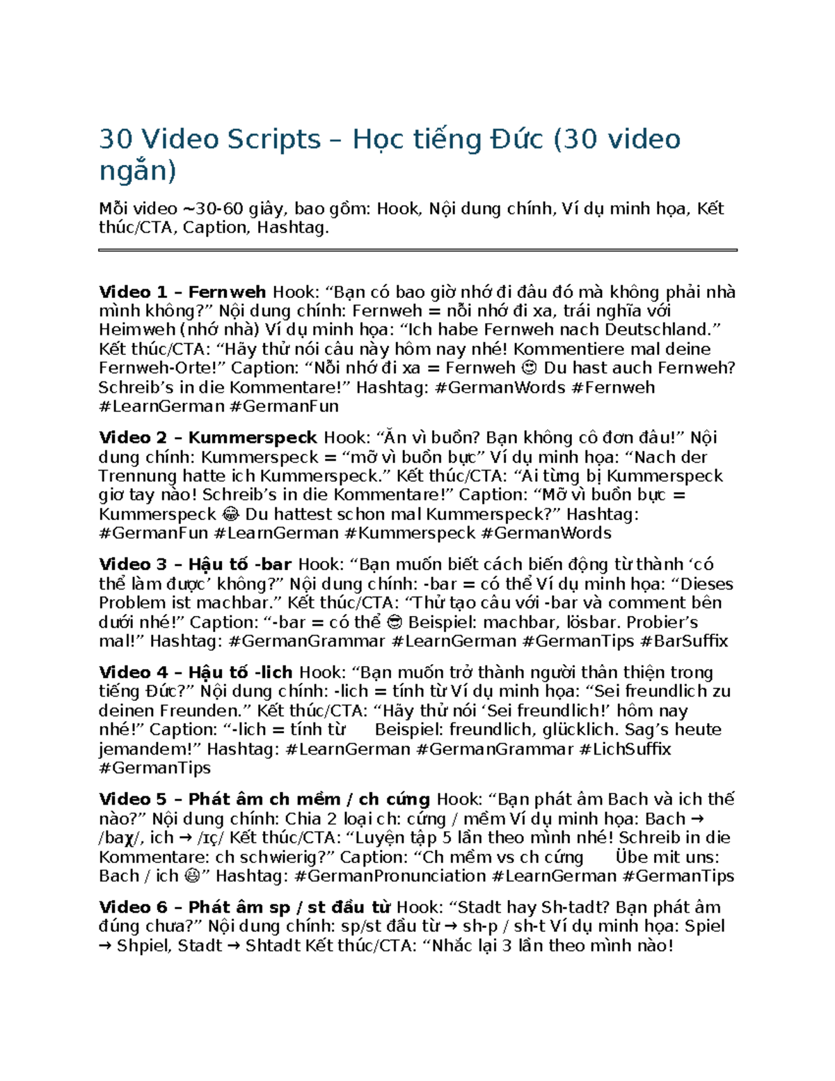 30 Video Scripts Học Tiếng Đức: Hook, Nội Dung, Ví Dụ, Hashtag - Studocu