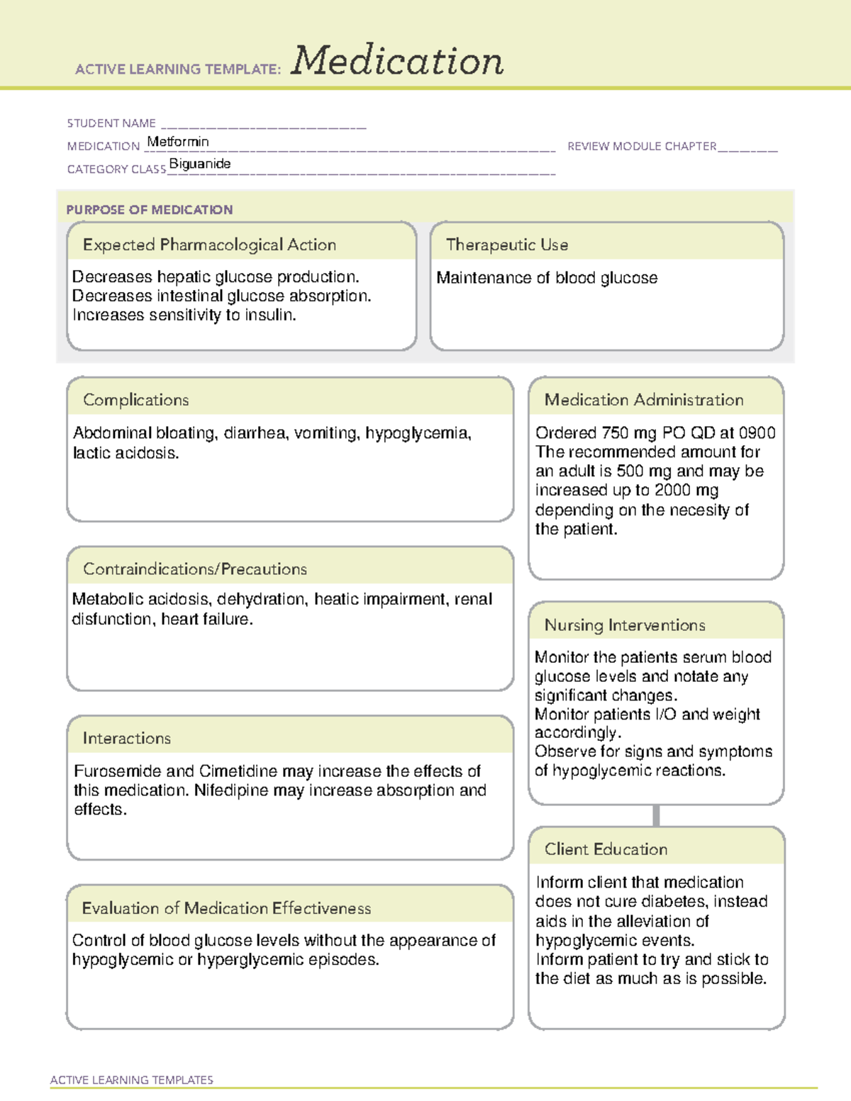 Med Card: Metformin - Active Learning Template & Review Info - Studocu
