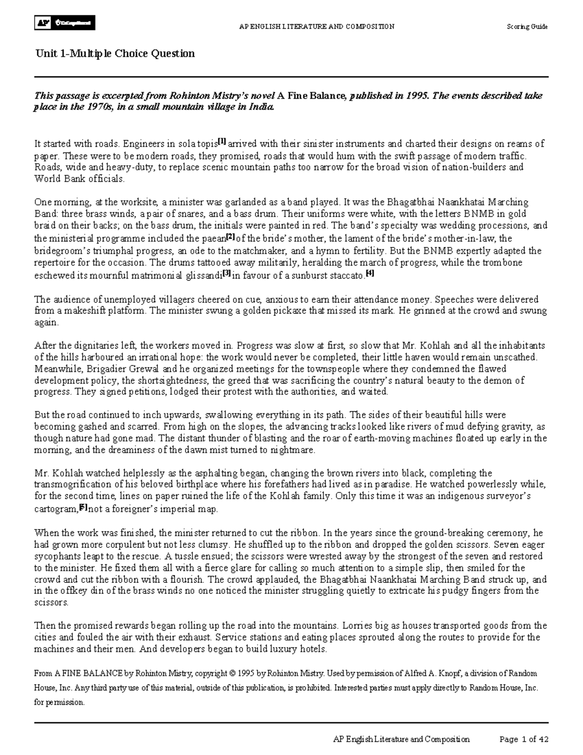 AP ENGLISH LITERATURE AND COMPOSITION Unit 1 Multiple Choice Questions ...