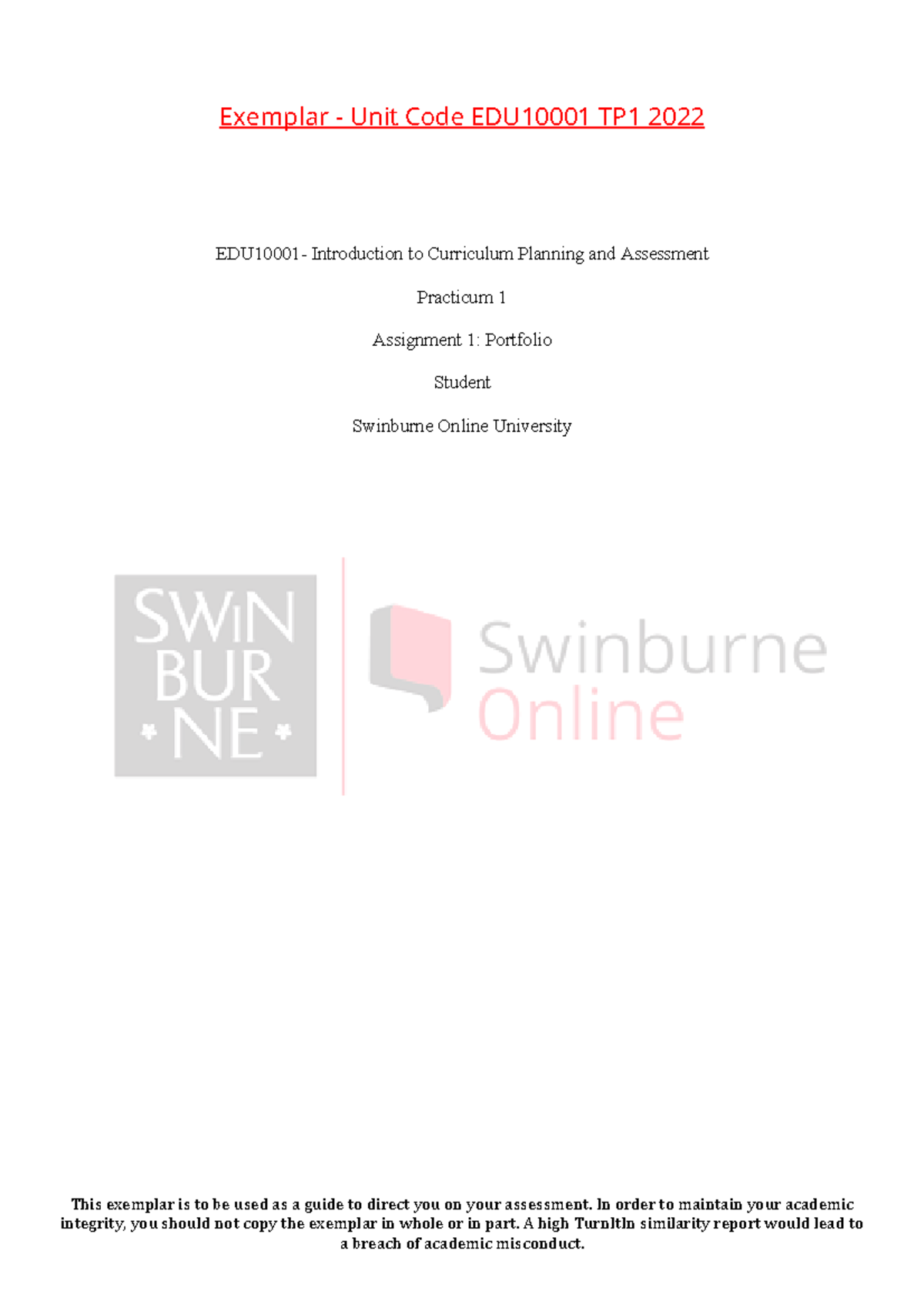 EDU10001 Exemplar 1 - Assessment Portfolio and Observations Guide - Studocu