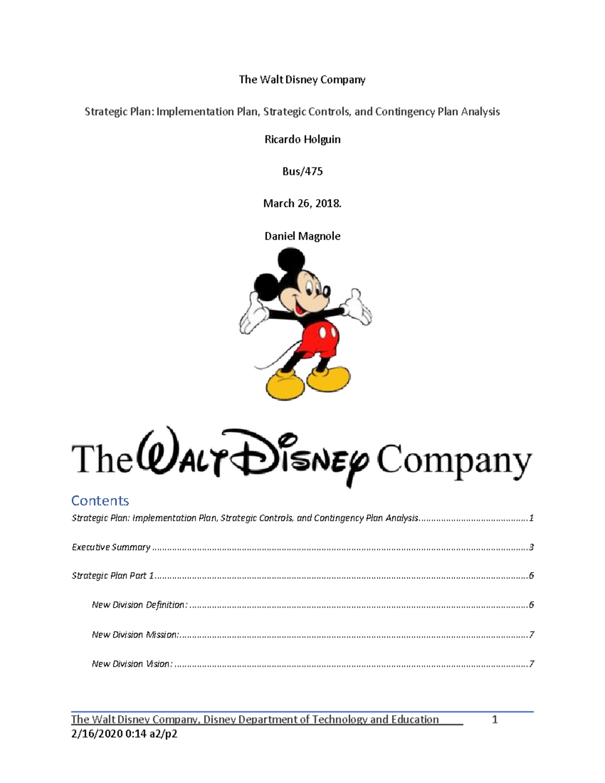 Disney Bus 301 Strategic Plan: Implementation & Analysis for New ...