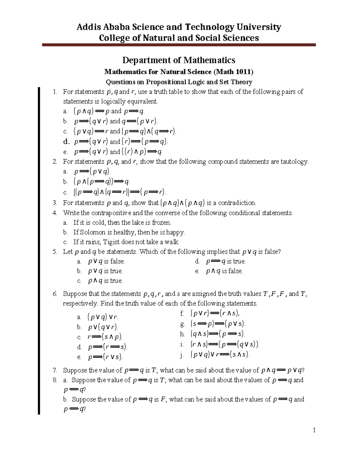 Math for NS (Math 1011) Worksheet 8: Propositional Logic & Set Theory ...