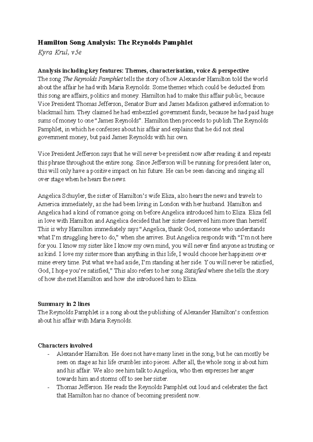 Hamilton Analysis: The Reynolds Pamphlet (Song Insights) - Studeersnel
