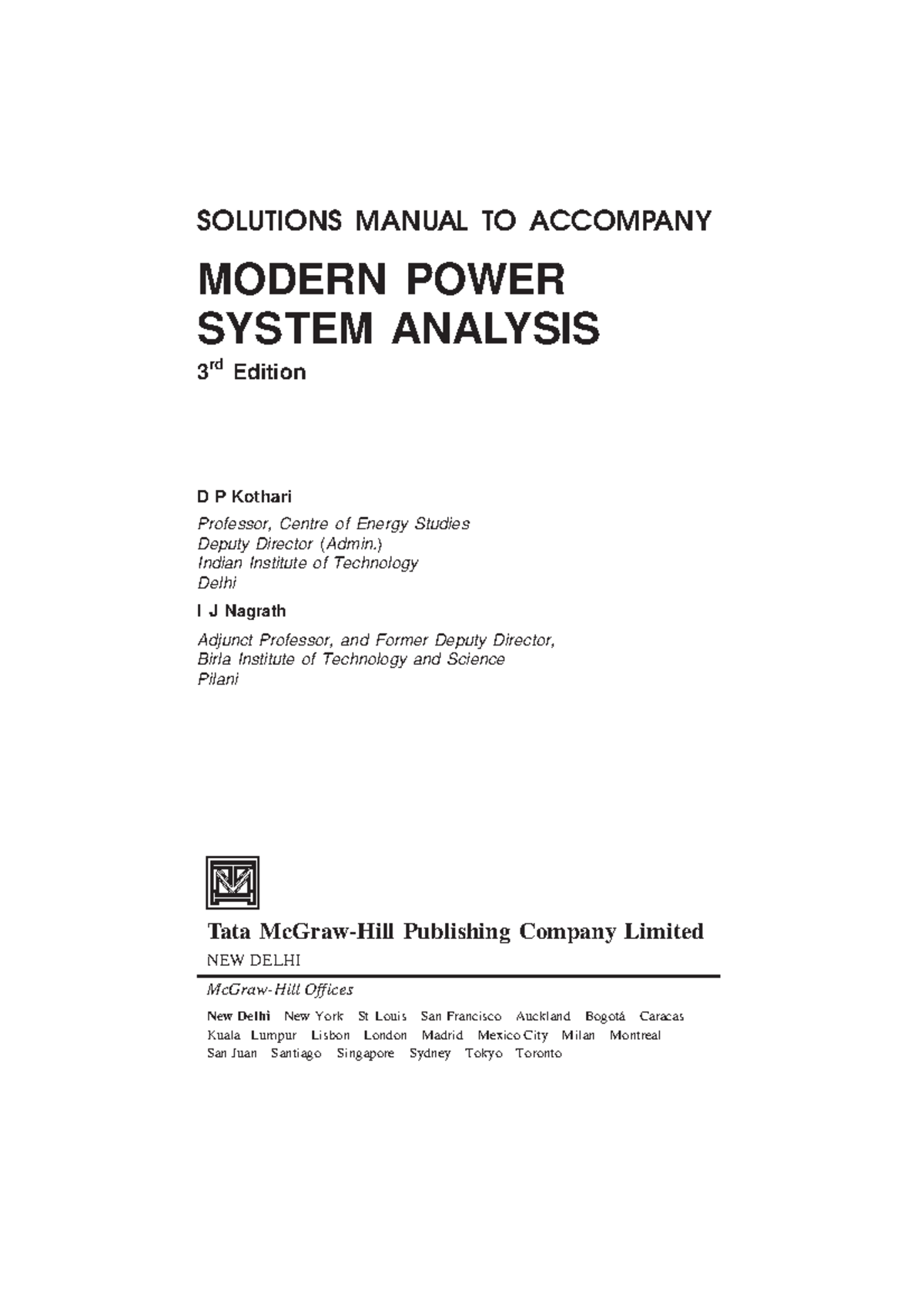 Kothari-Nagrath MPSA 3rd Ed. Solutions Manual for Modern Power Systems ...