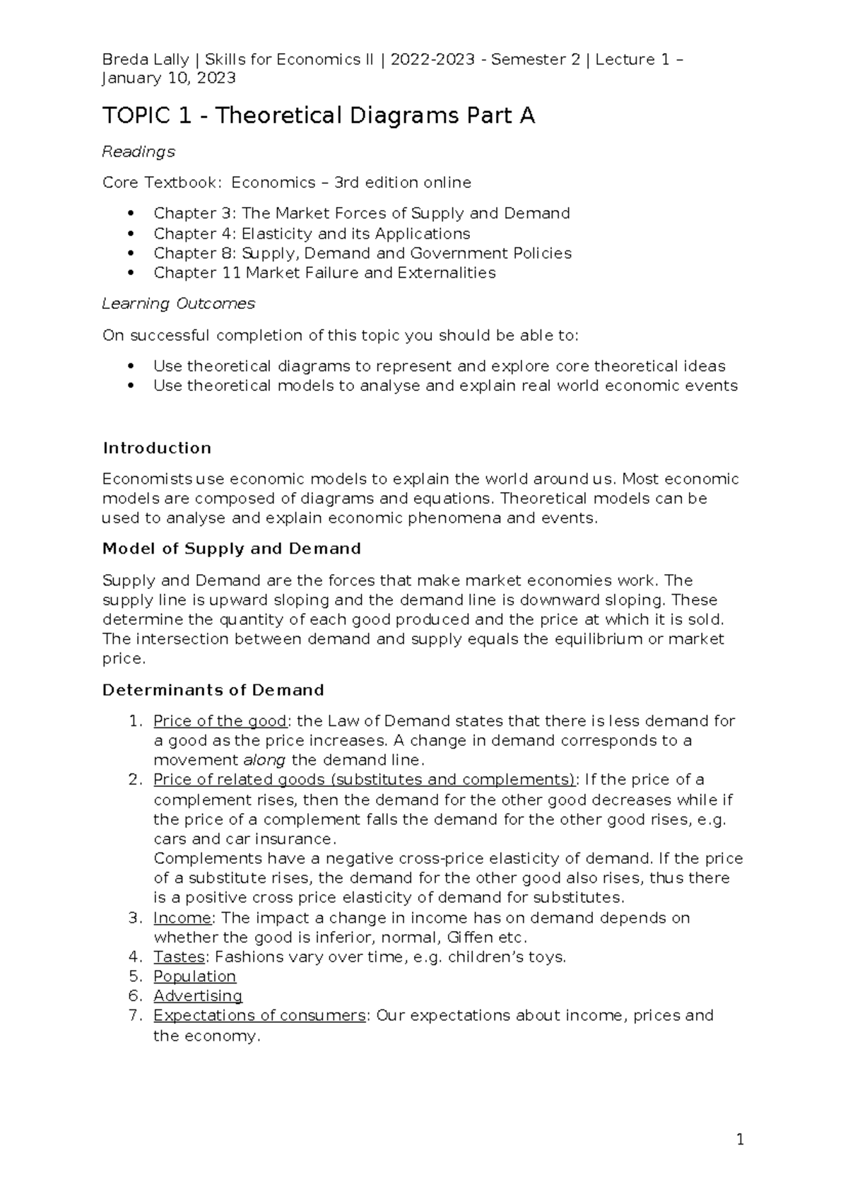 Skills for Economics II (ECO201) Semester 2 Lecture 1: Supply, Demand ...