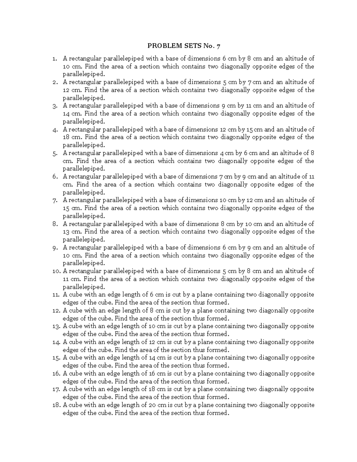 Problem Set No. 7: Areas and Volumes of Solid Figures - Studocu