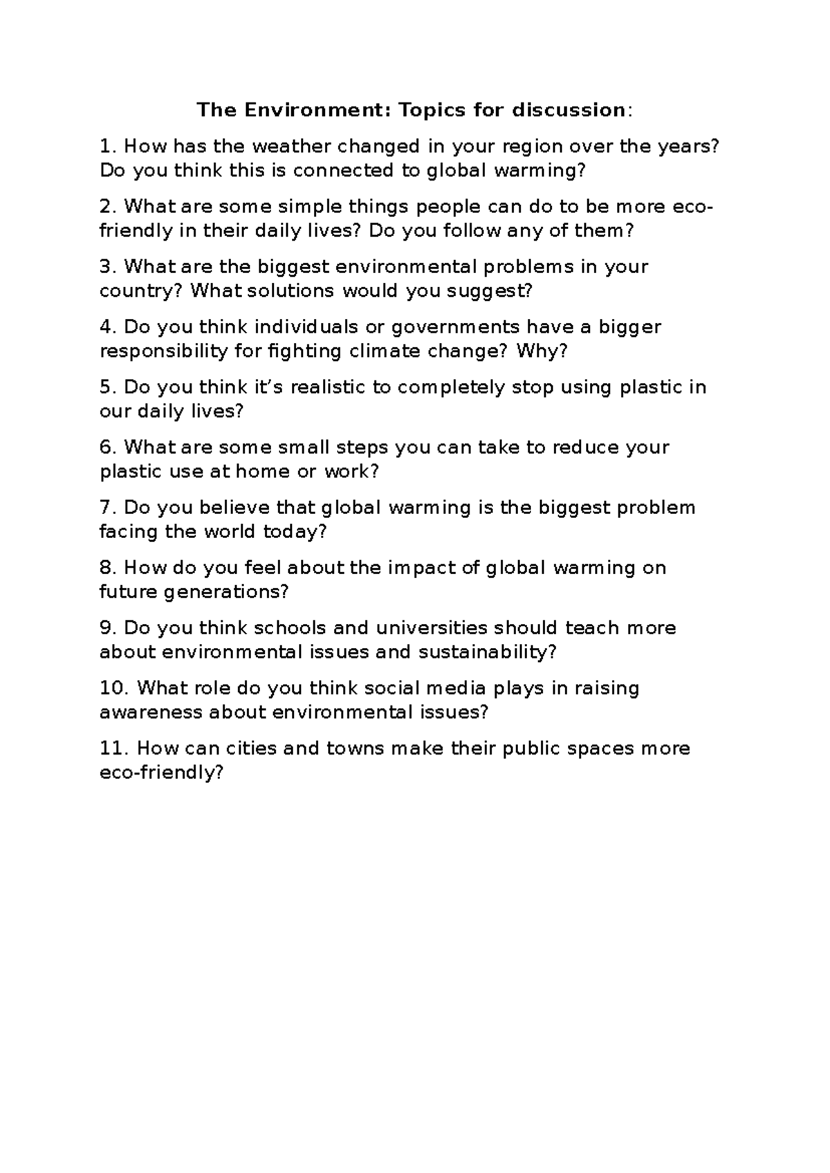 ENV 101: Discussion Topics on Environmental Issues and Solutions - Studocu