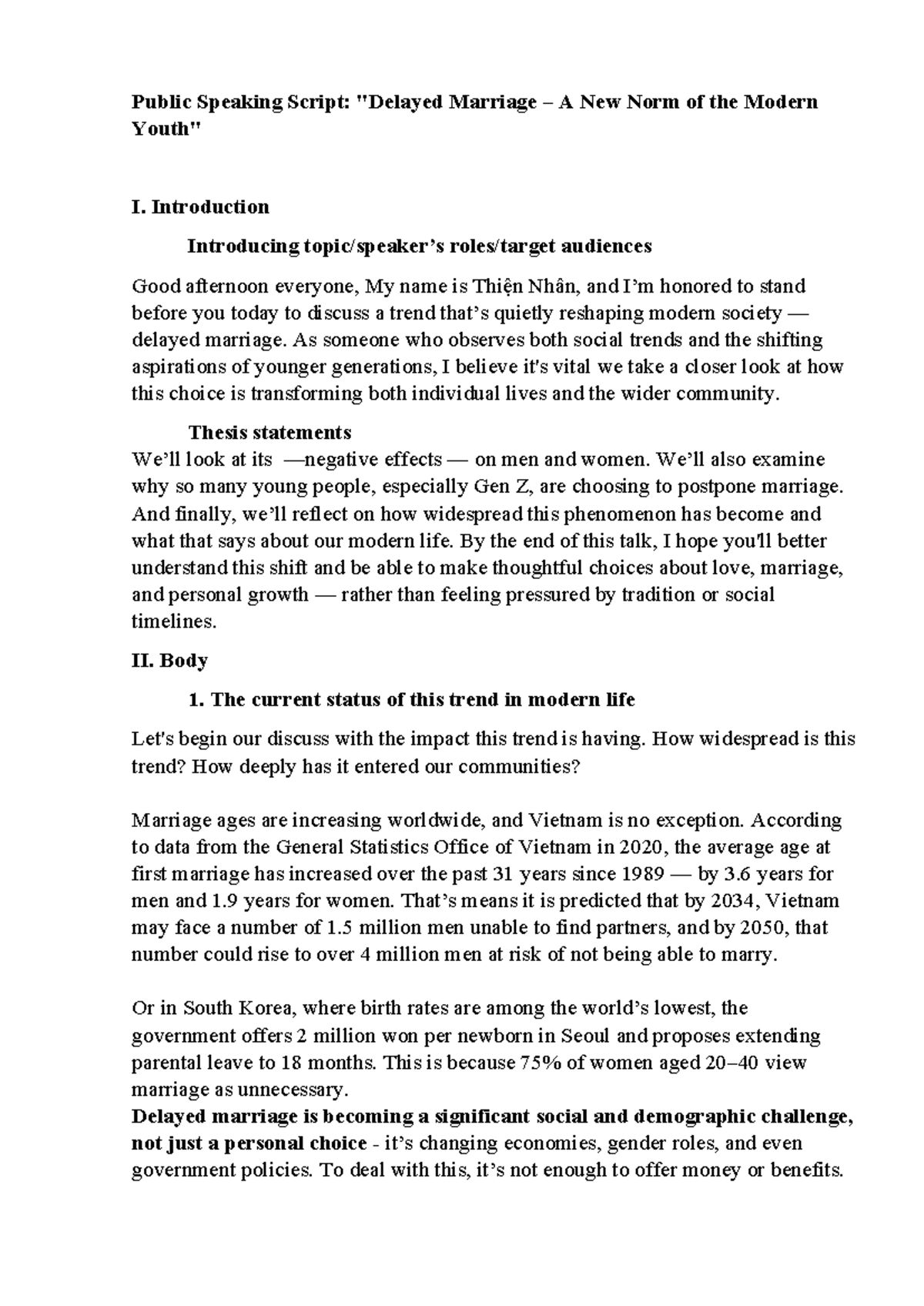 Public Speaking Script: Delayed Marriage Trends and Impacts - Studocu