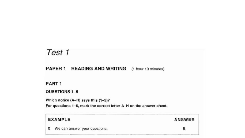 Test 1 - Reading and Writing Paper 1 (1 hour 10 mins) Questions - Studocu