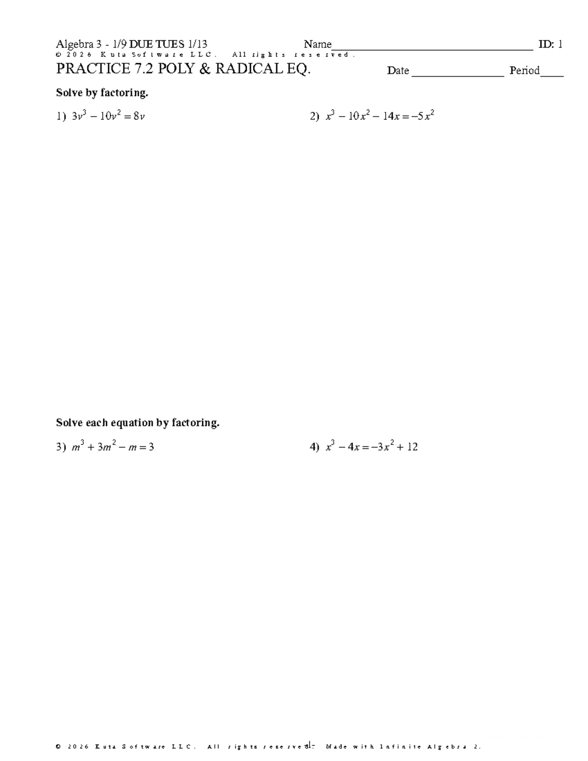 Algebra 3 Practice 7.2: Polynomial & Radical Equations - Studocu