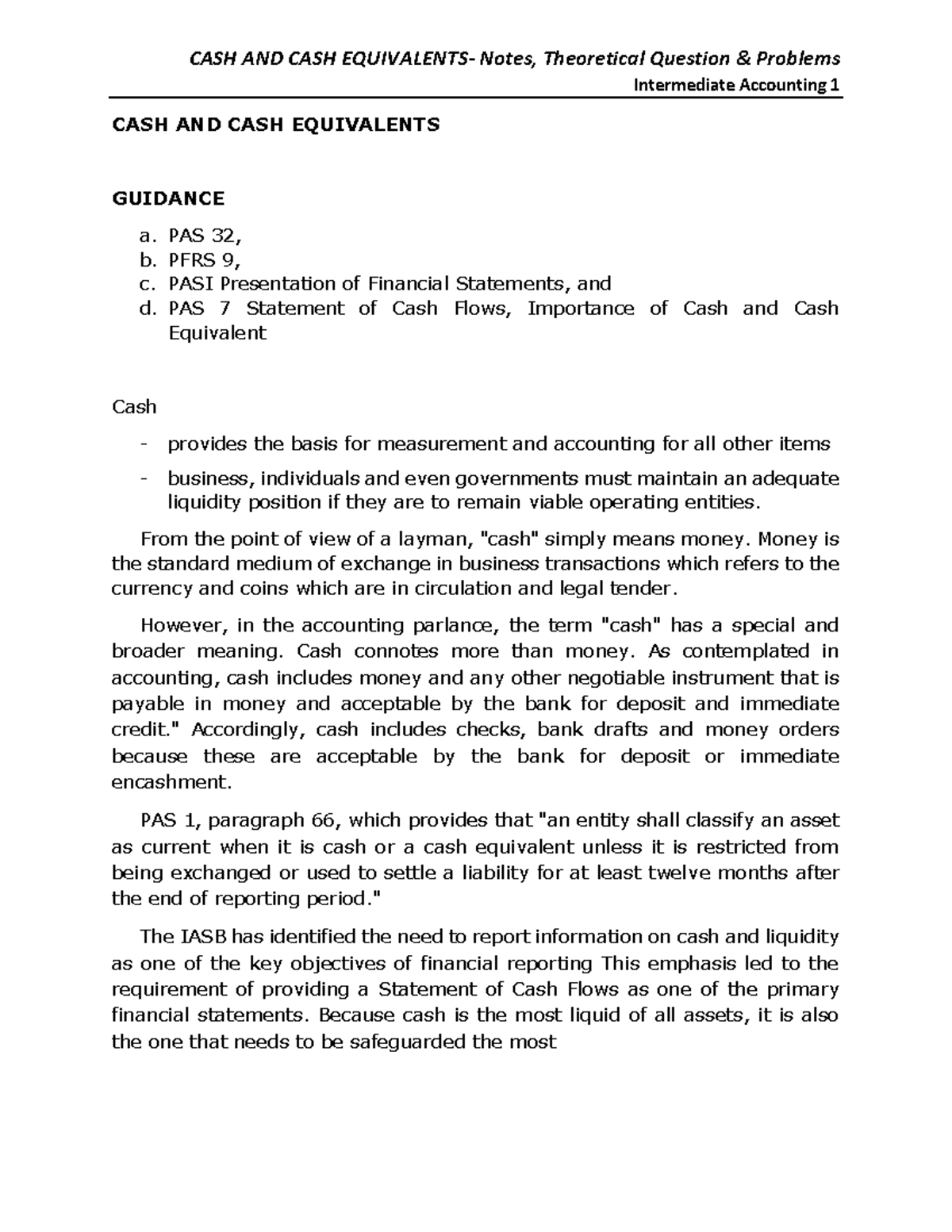 Intermediate Accounting 1 - Cash & Cash Equivalents Theories & Problems - Studocu