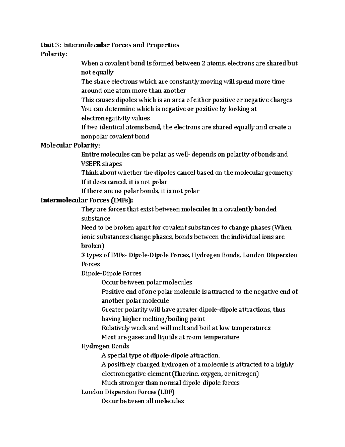 Unit 3 Intermolecular Forces and Properties - Unit 3: Intermolecular ...