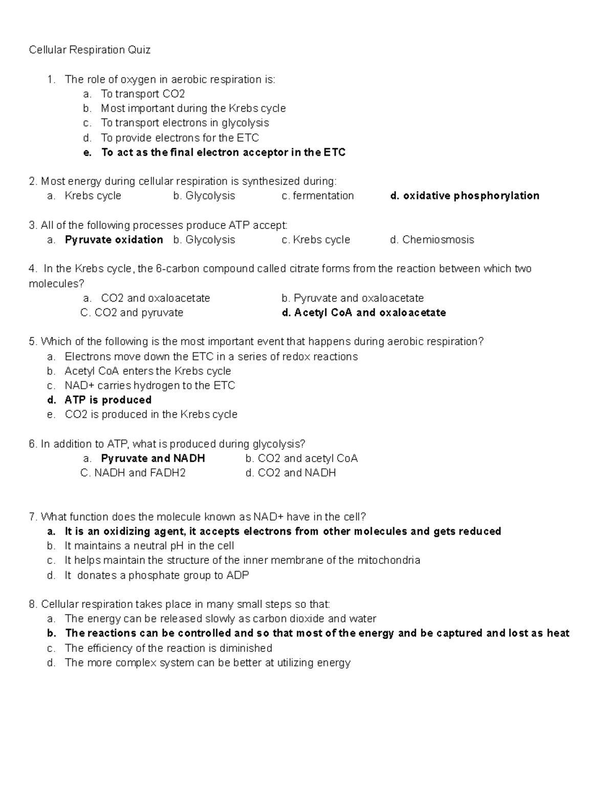 Cellular Respiration Quiz: Key Concepts and Processes - Studocu
