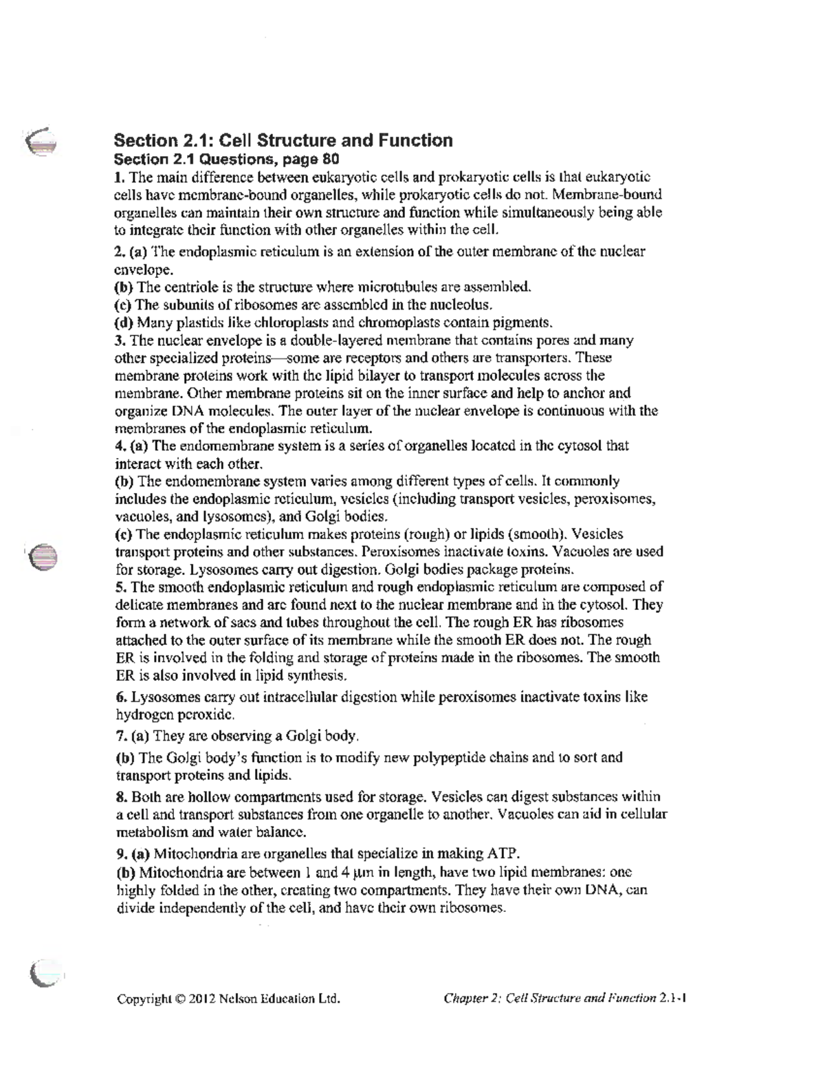 Ch 2 Answers-biology (1) - Section 2: Cell Structure and Function ...