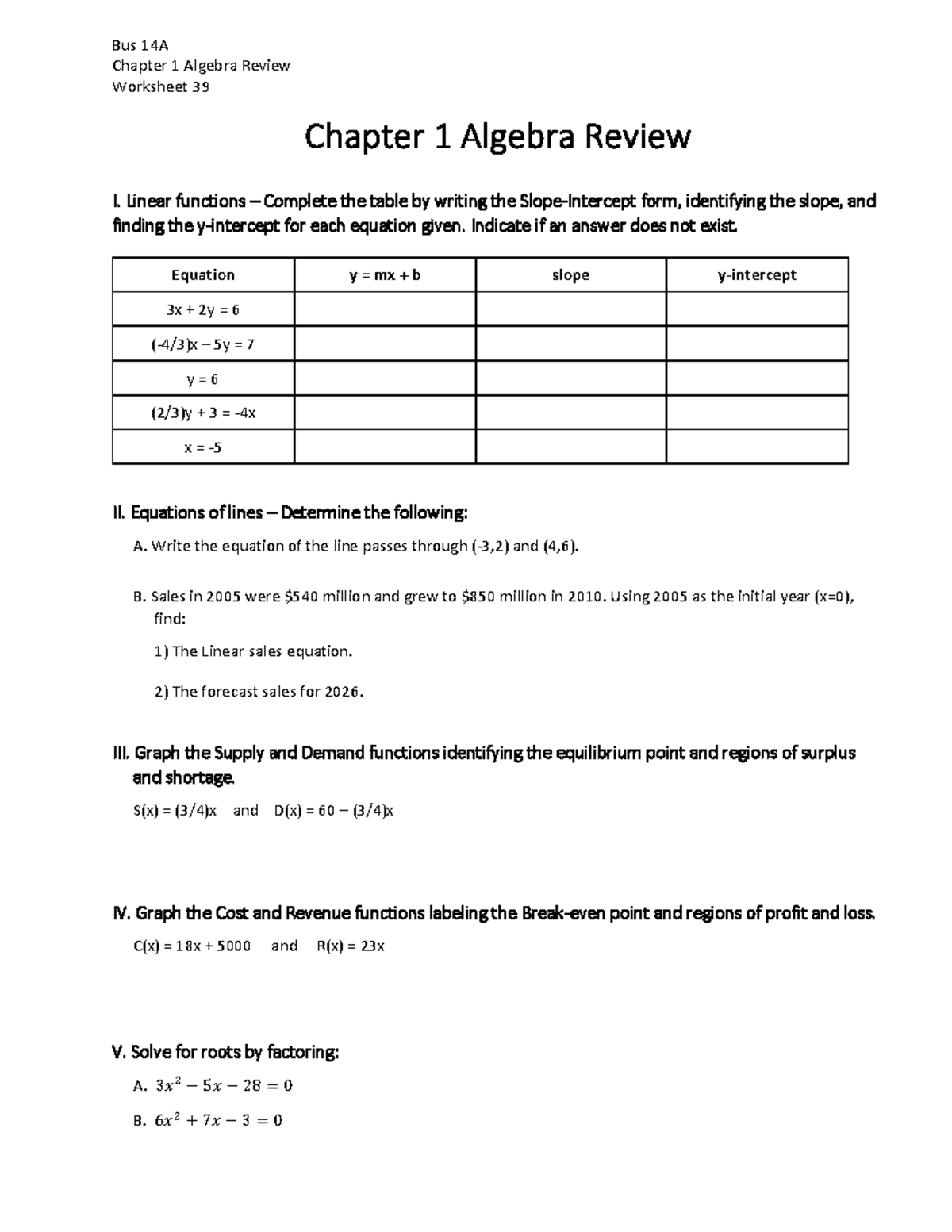 Bus 14A Chapter 1 Algebra Review Worksheet 39 - Bus 14A Chapter 1 ...