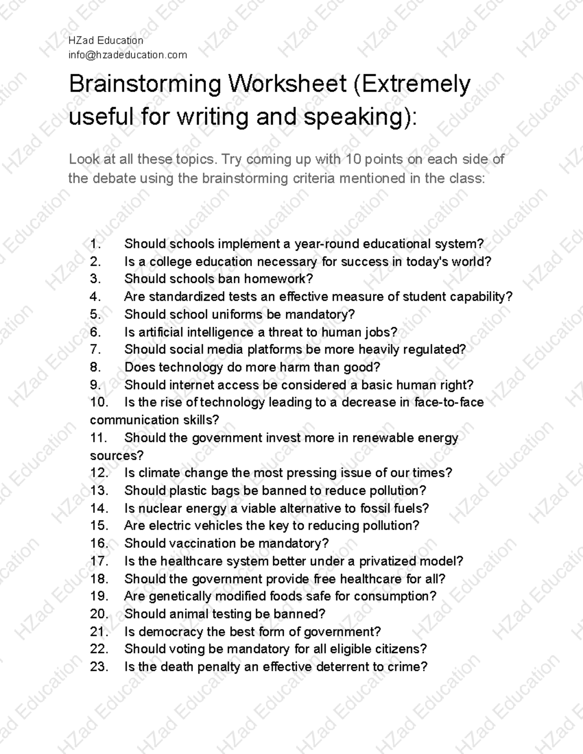 HZad Education Debate Brainstorming Worksheet: Key Topics & Points ...