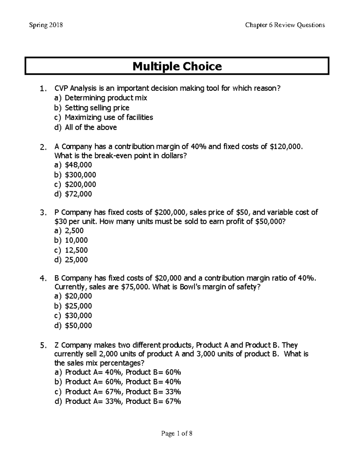 Chapter 6: CVP Analysis MC Questions and Solutions - Studocu