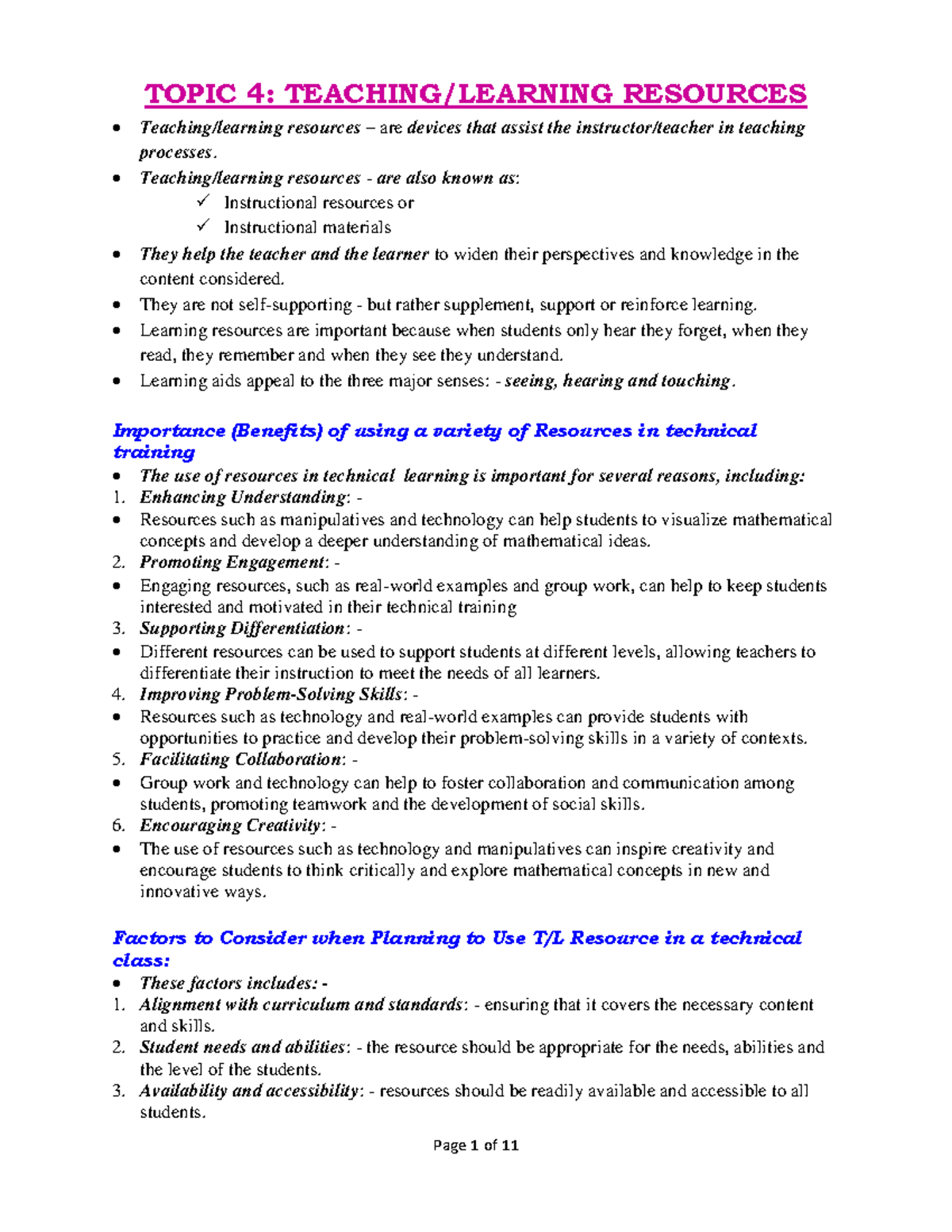 Topic 4: Teaching & Learning Resources in Technical Training - Studocu