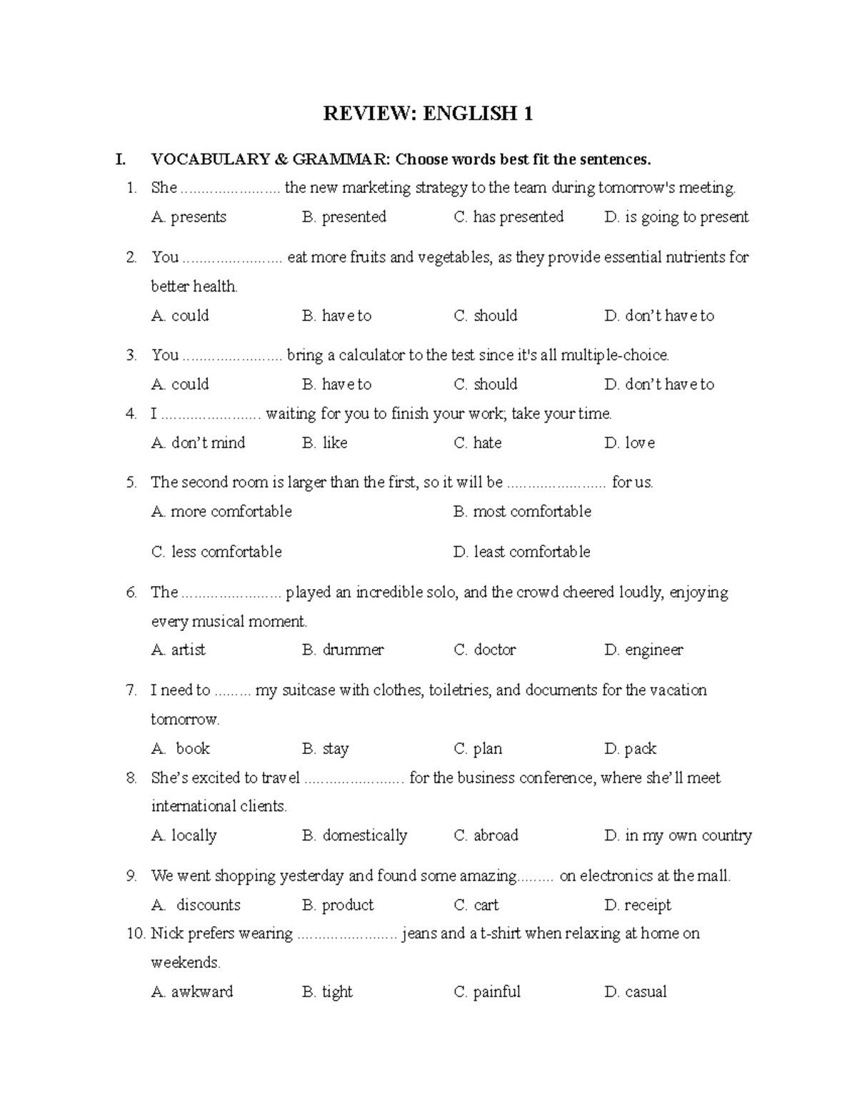 REVIEW: ENGLISH 1 - VOCABULARY & GRAMMAR MCQs for Exam Preparation ...