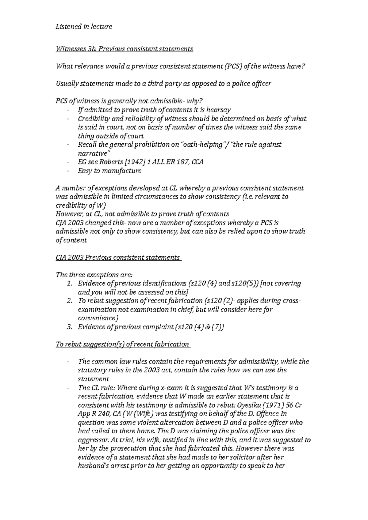 Law 101: Lecture Notes on Previous Consistent Statements (PCS) - Studocu