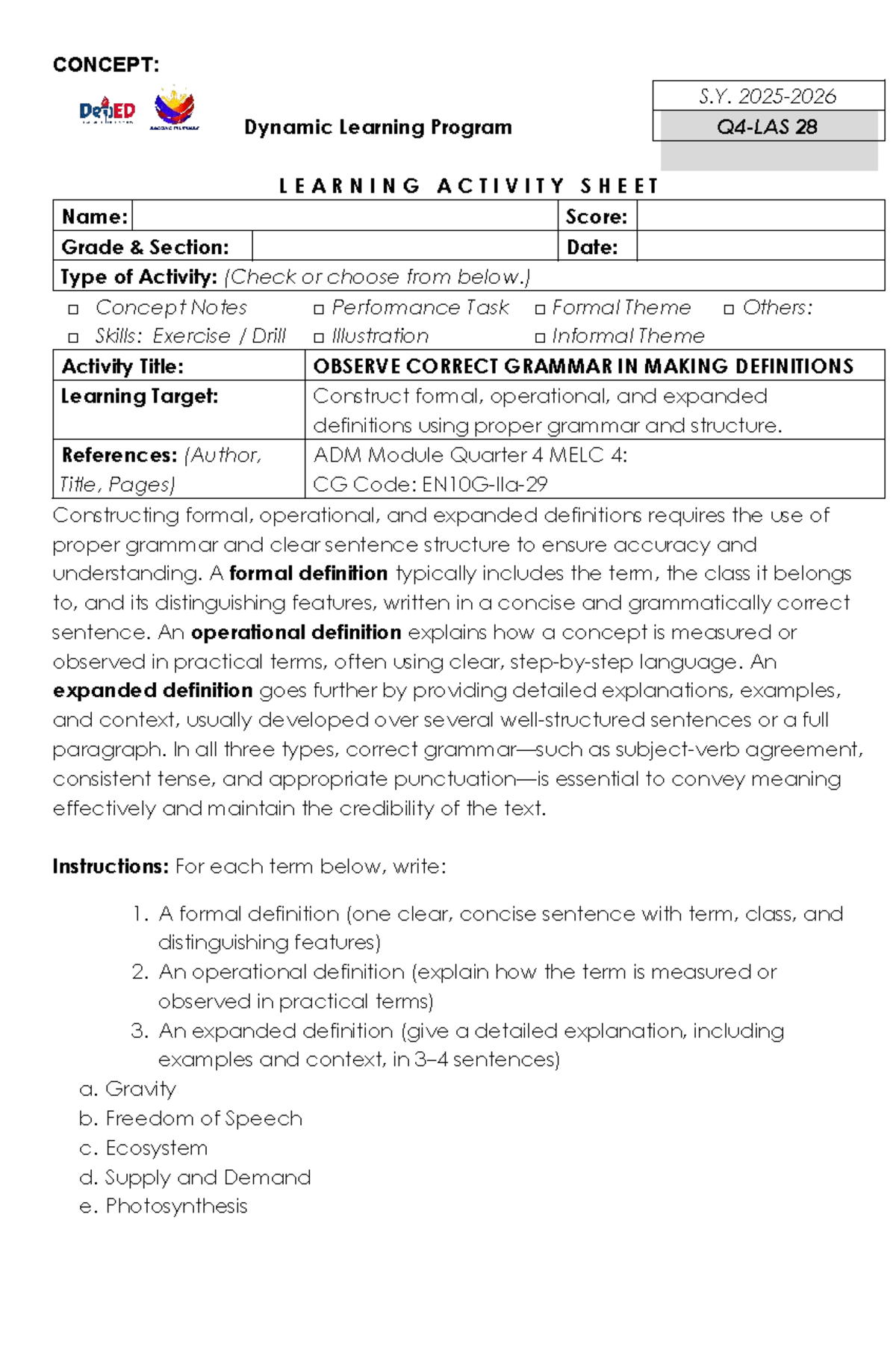 English 10 Q4 DAY28 - Grammar in Definitions Learning Activity Sheet ...