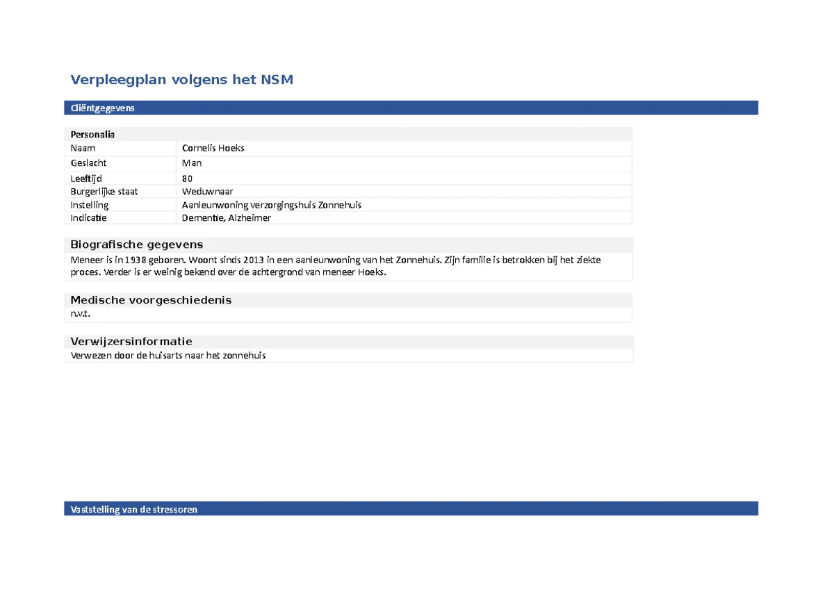 Verpleegkundige Diagnose en Zorgplan Opstellen - Zorgverlener (B1-K1-W2) - Studeersnel
