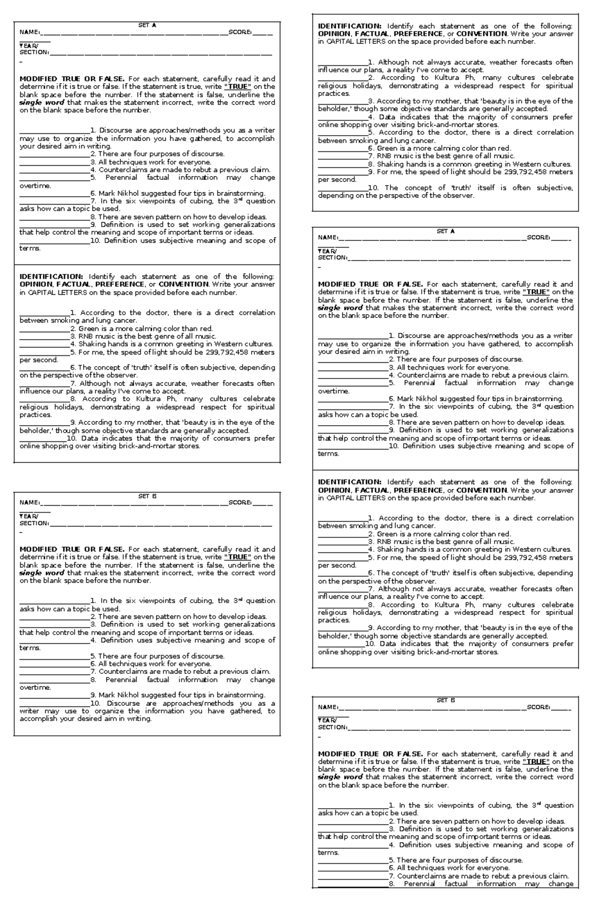 QUIZ FOR SET A & B: MODIFIED TRUE OR FALSE STATEMENTS - Studocu
