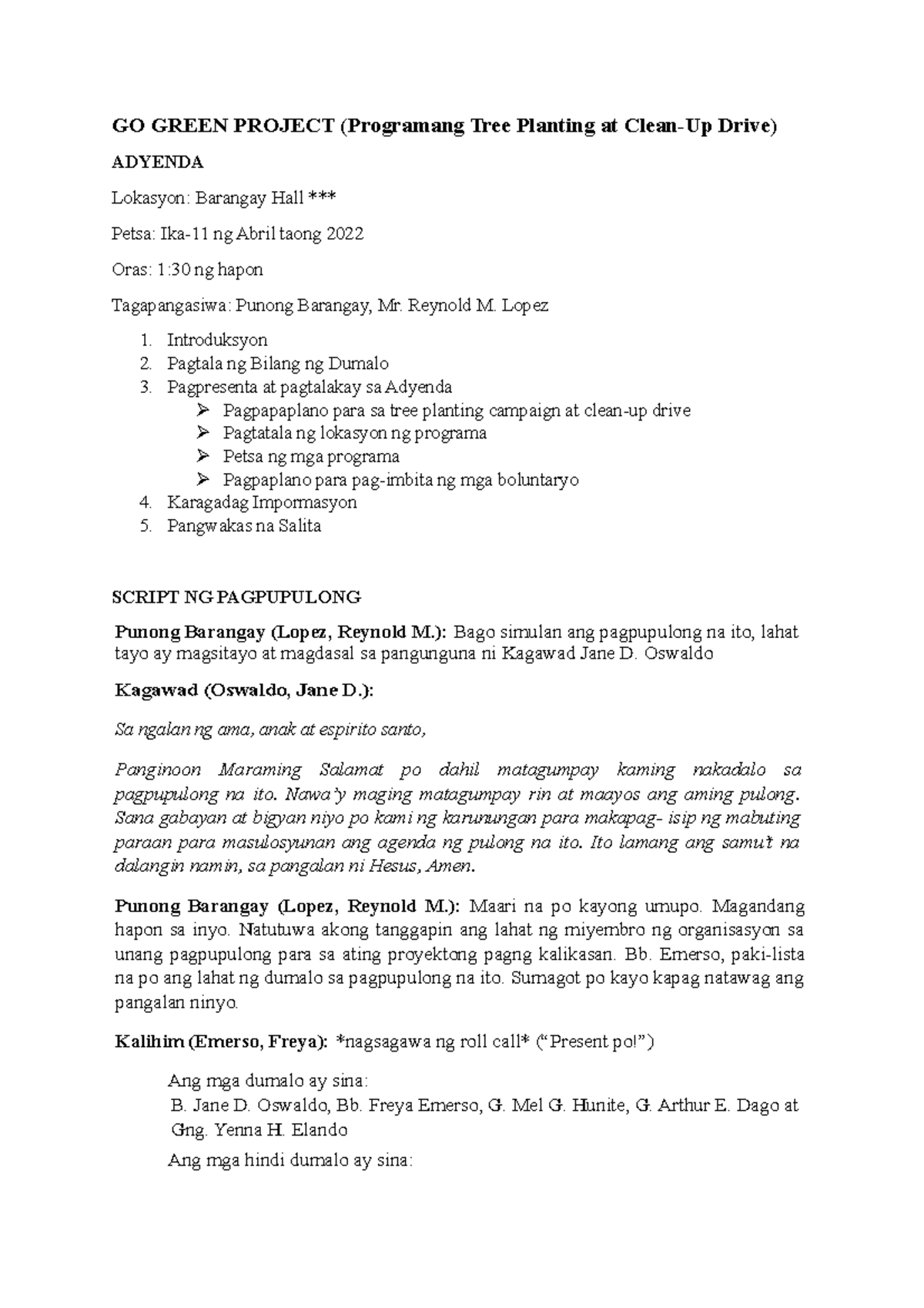 GO Green Project: Memo on Tree Planting & Clean-Up Drive - Studocu