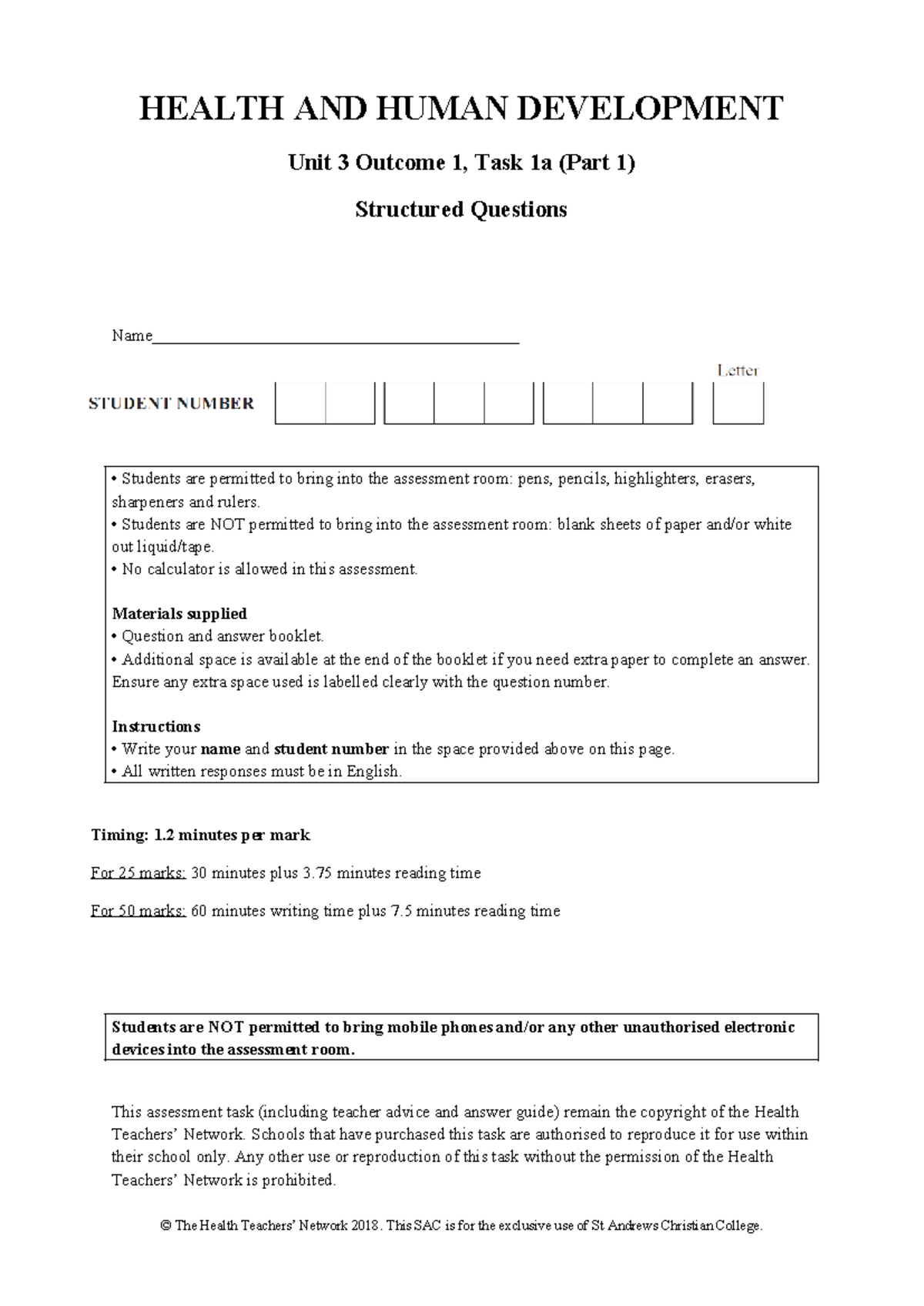 HEALTH AND HUMAN DEVELOPMENT Unit 3 Outcome 1, Task 1a Structured ...