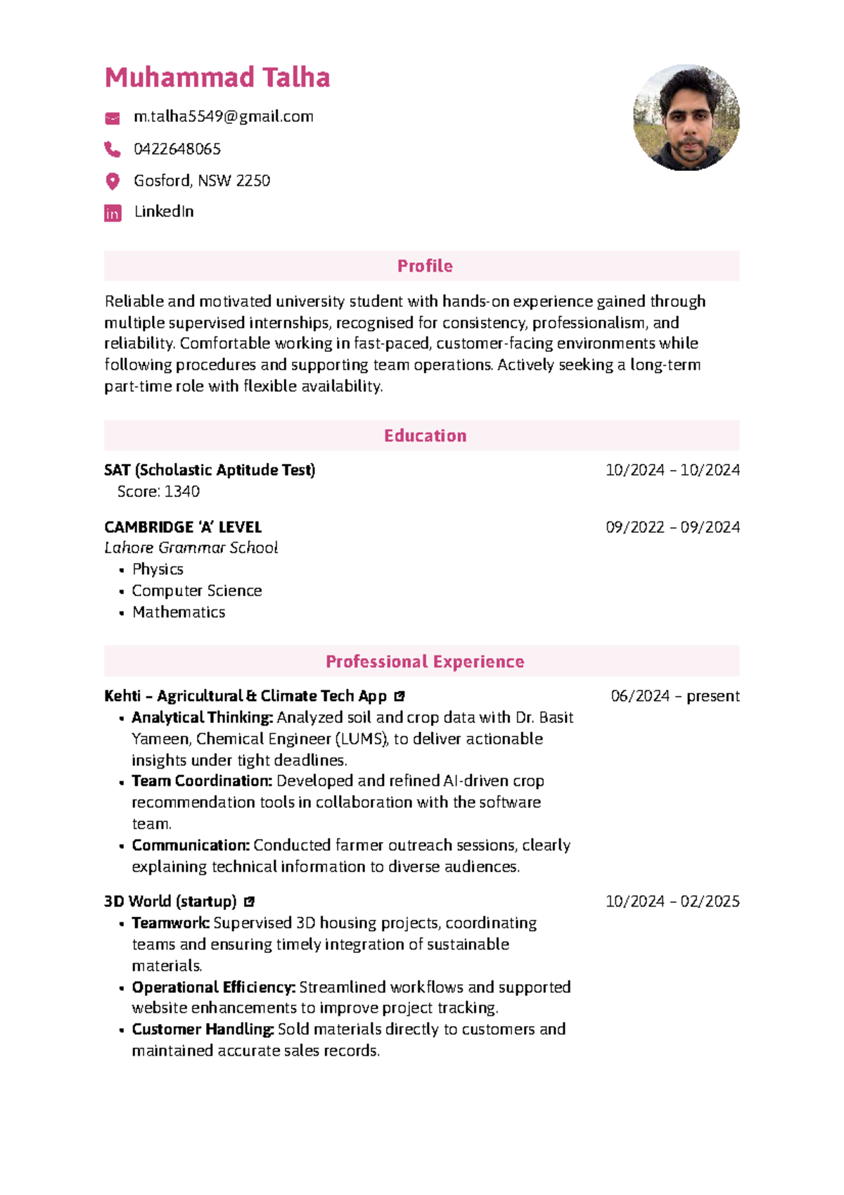 M.Talha CV & Resume - University Student with Internship Experience ...