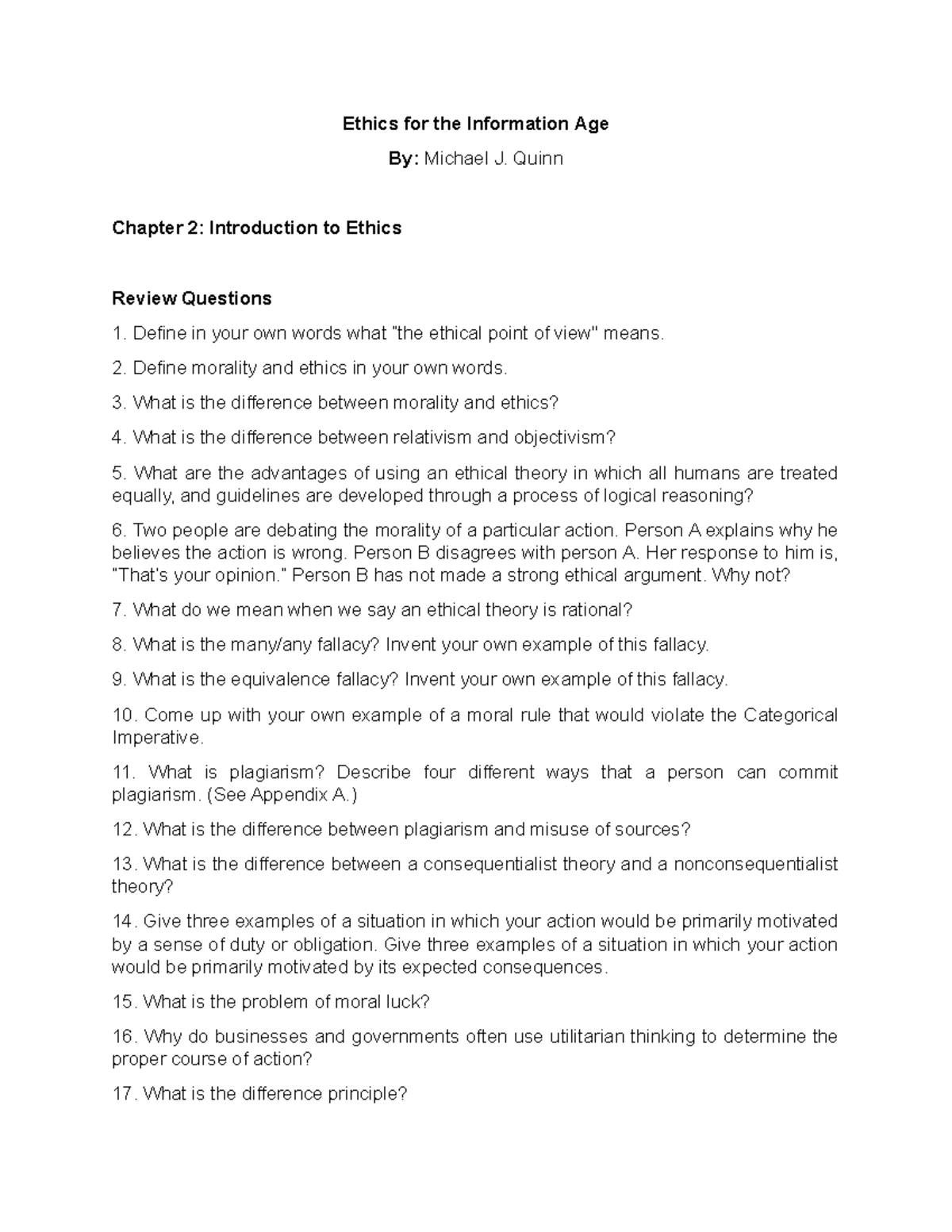 Chapter 2 Introduction to Ethics In Class Exercises Review and ...