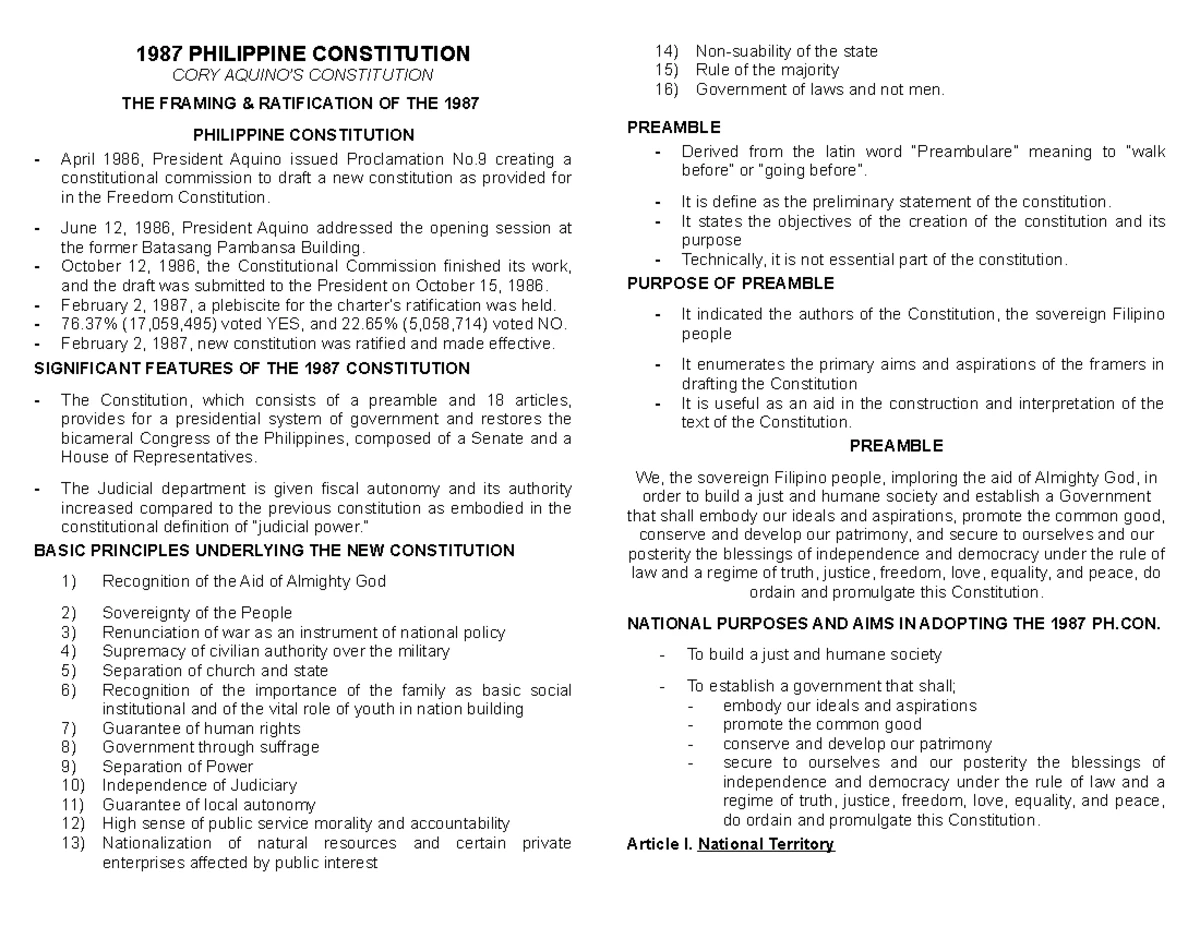 1987 Philippine Constitution: Sections and Articles Overview - Studocu