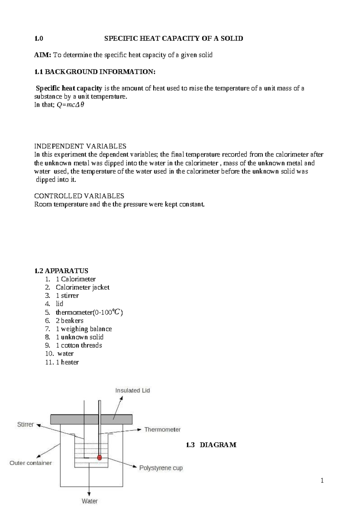Lab Report: Specific Heat Capacity Experiment in Physics 101 - Studocu