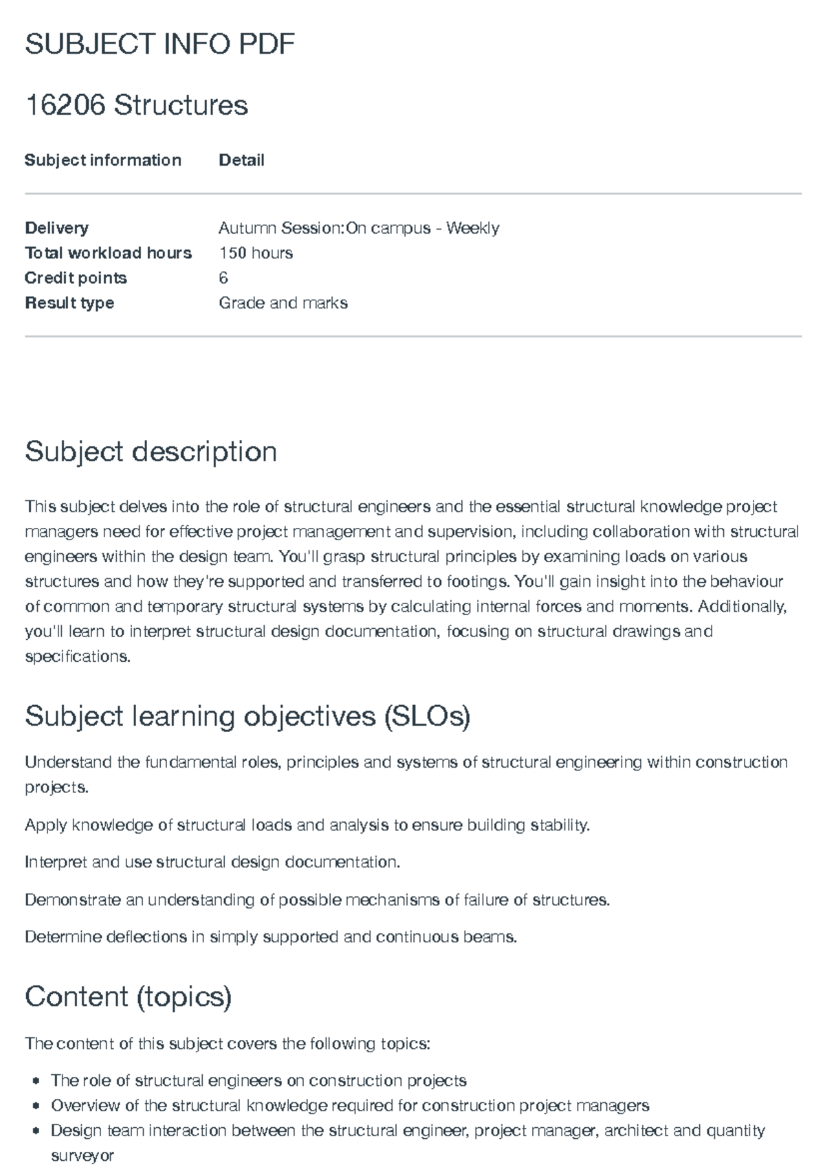 Structures - Subject Info & Assignments (16206) - Studocu