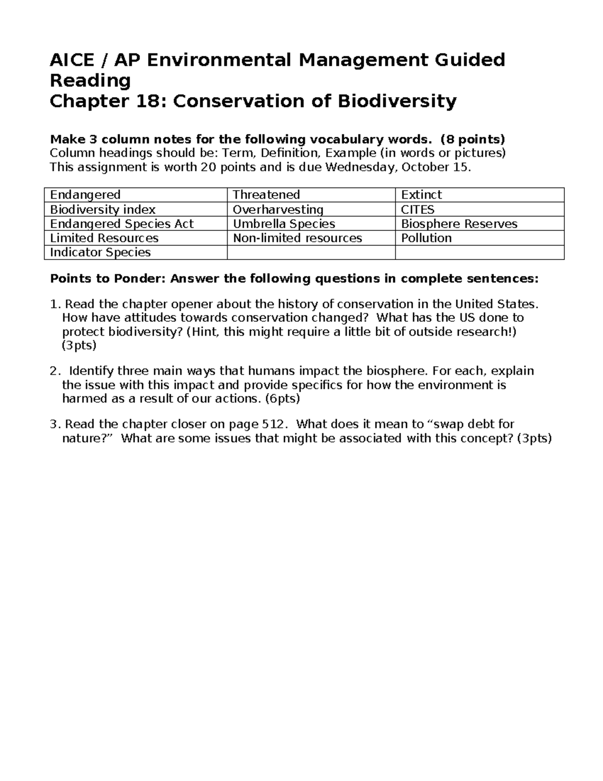 AICE AP Environmental Management Guided Reading: Conservation Impacts ...