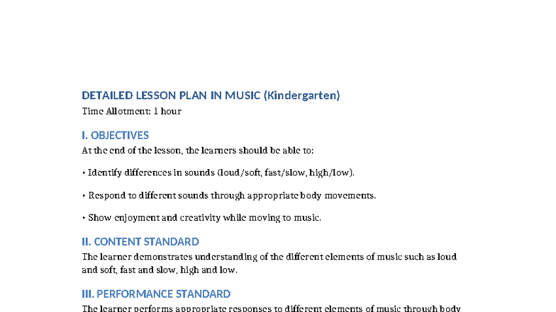 Detailed Lesson Plan in Music (KINDERGARTEN) - Sound & Movement - Studocu