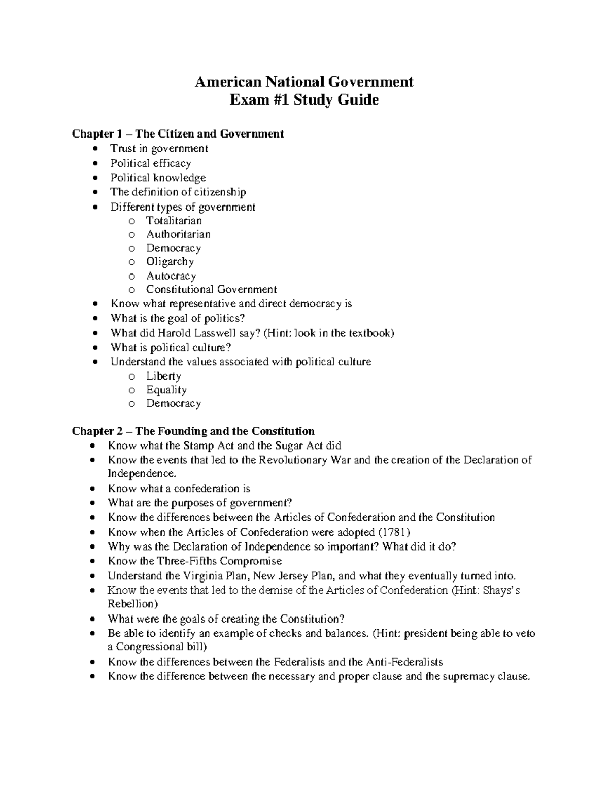 American National Government Exam #1 Study Guide Review - Studocu
